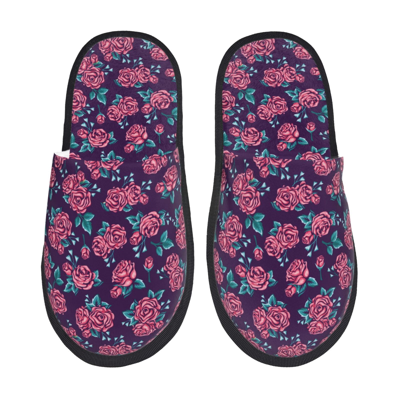Goofa Rose Flowers Pattern Plush Furry Slippers for Men & Women, Cozy ...