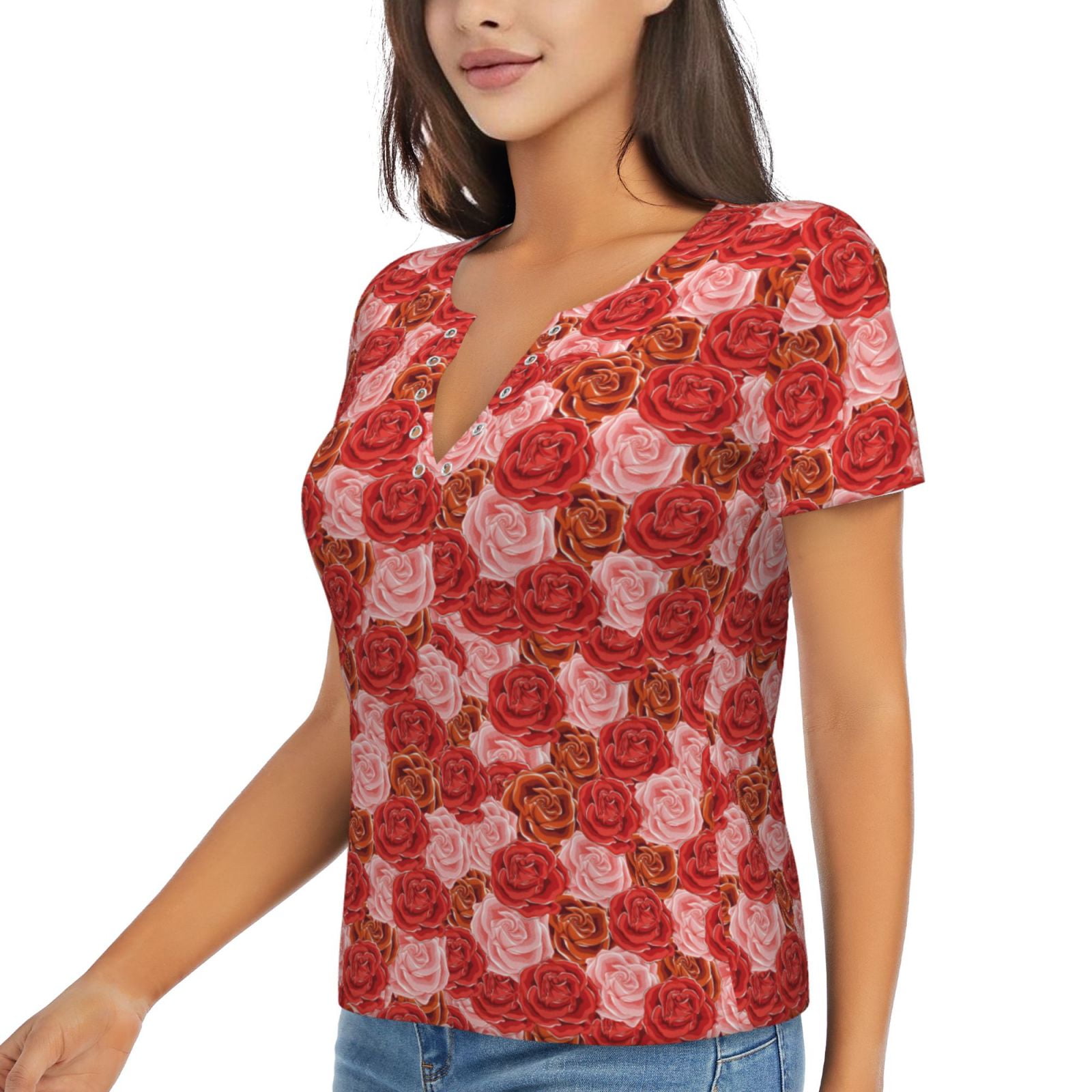 Goofa Rose Flowers Pattern Womens Deep V Neck Low Cut Tops Casual ...