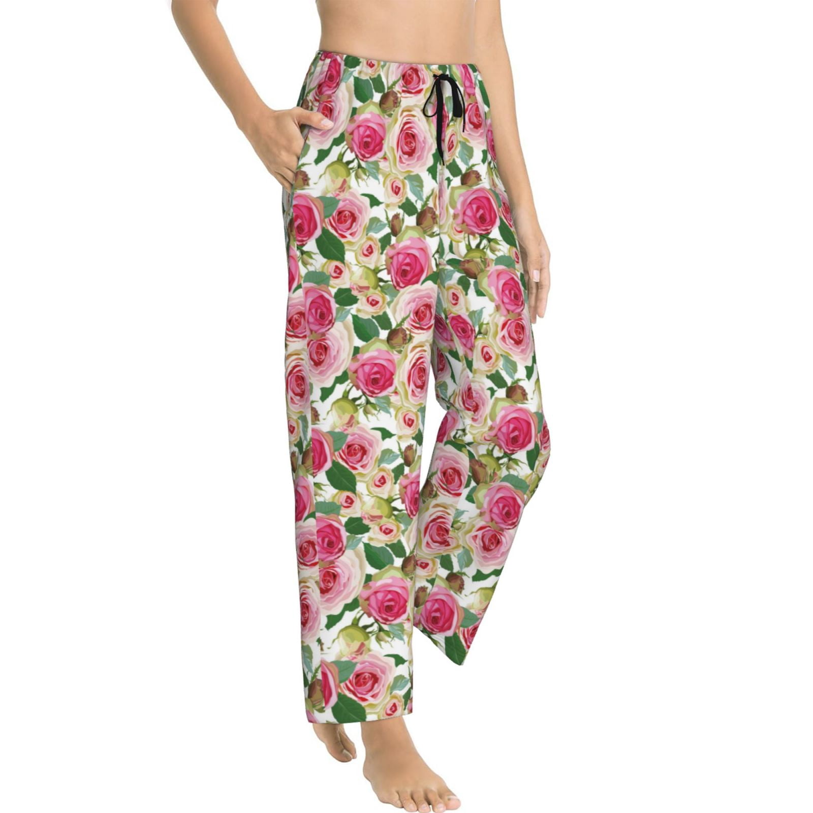 Goofa Rose Flowers Printed Soft Pajama Pants for Women, Wide Leg Comfy ...
