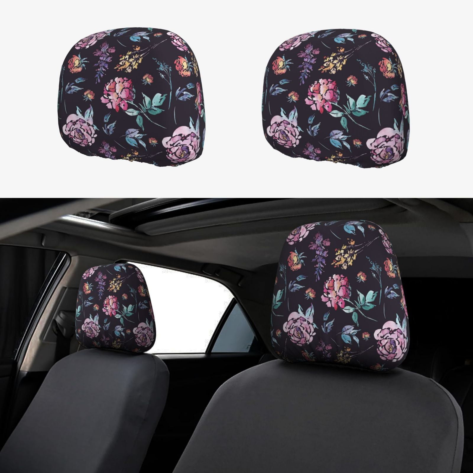 Goofa Roses Flowers Pattern 2 PCS Car Headrest Cover, Headrest ...