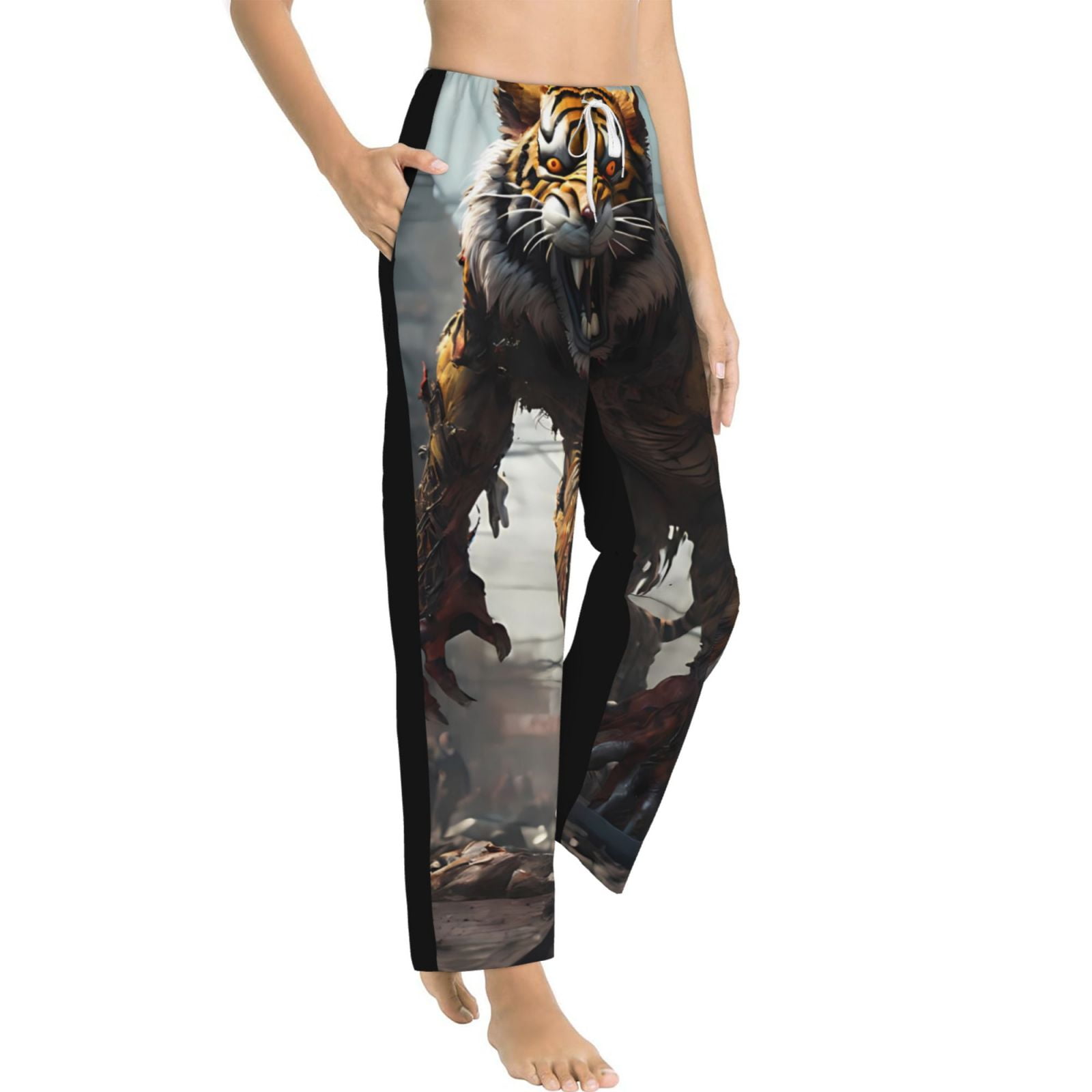 Goofa Ruins Tiger Warrior Printed Soft Pajama Pants for Women, Wide Leg ...