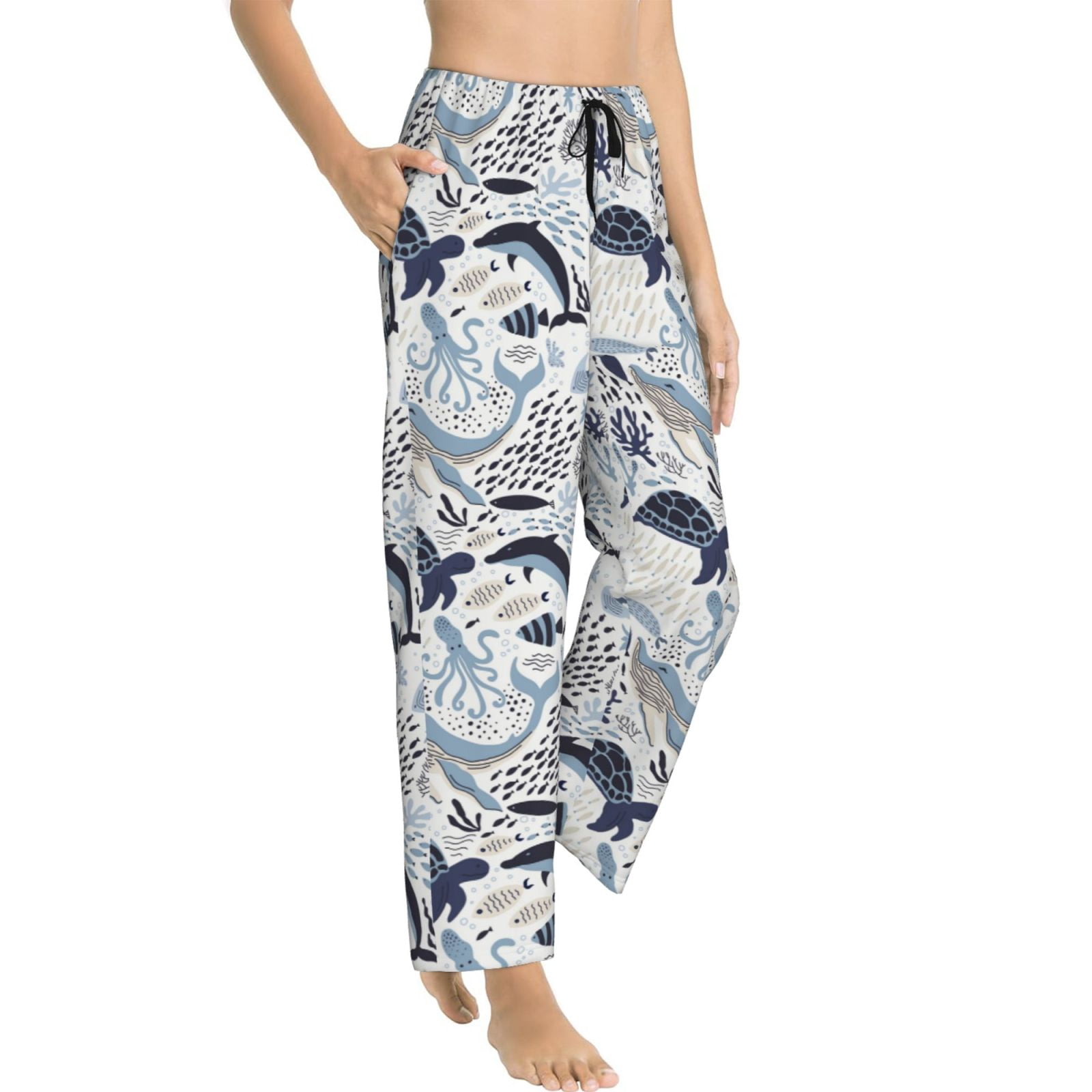 Goofa Sea Life Elements Printed Soft Pajama Pants for Women, Wide Leg ...