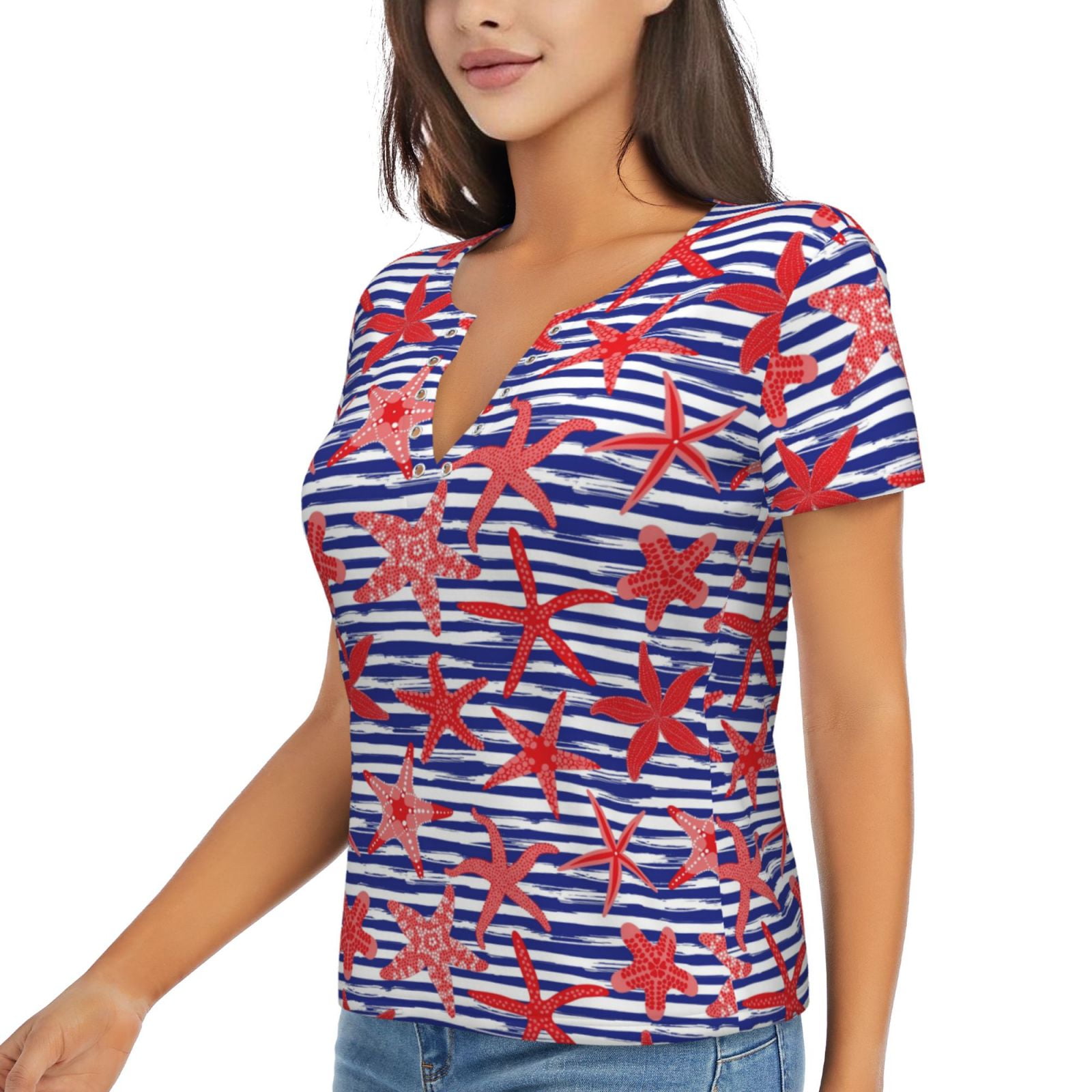 Goofa Sea Stars Pattern Womens Deep V Neck Low Cut Tops Casual Summer ...