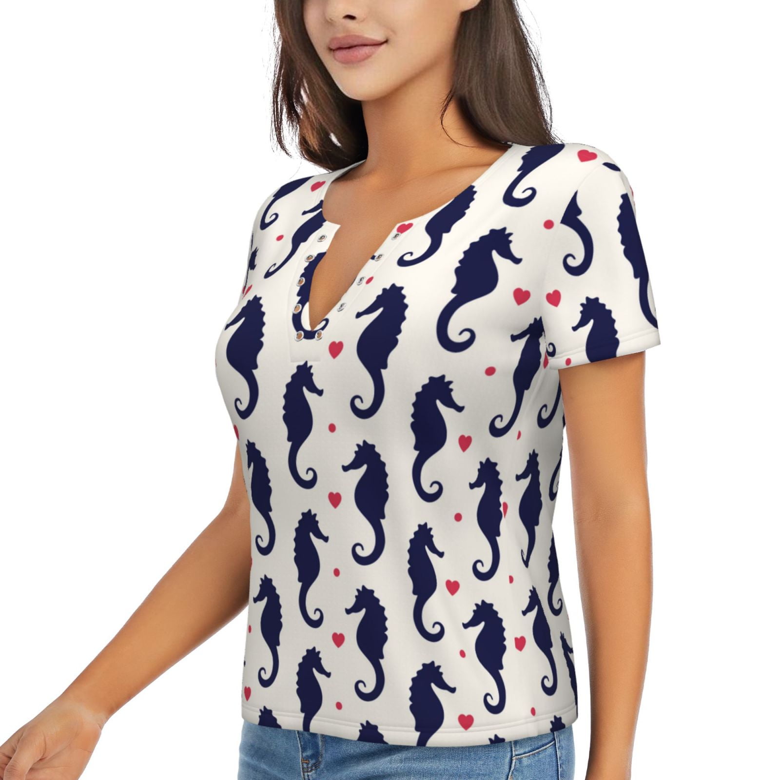 Goofa Seahorses and Hearts Pattern Womens Deep V Neck Low Cut Tops ...
