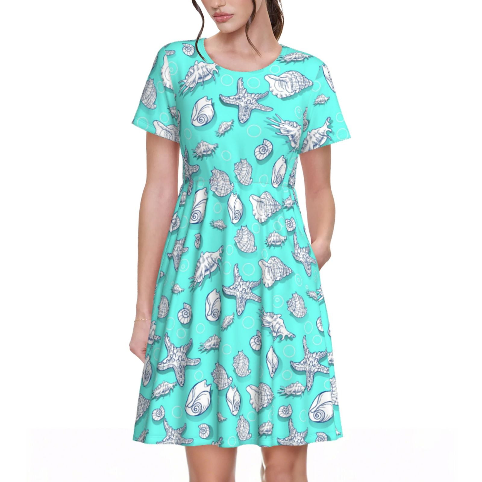 Goofa Seashell And Starfish Pattern Women Summer Short Sleeve Midi ...