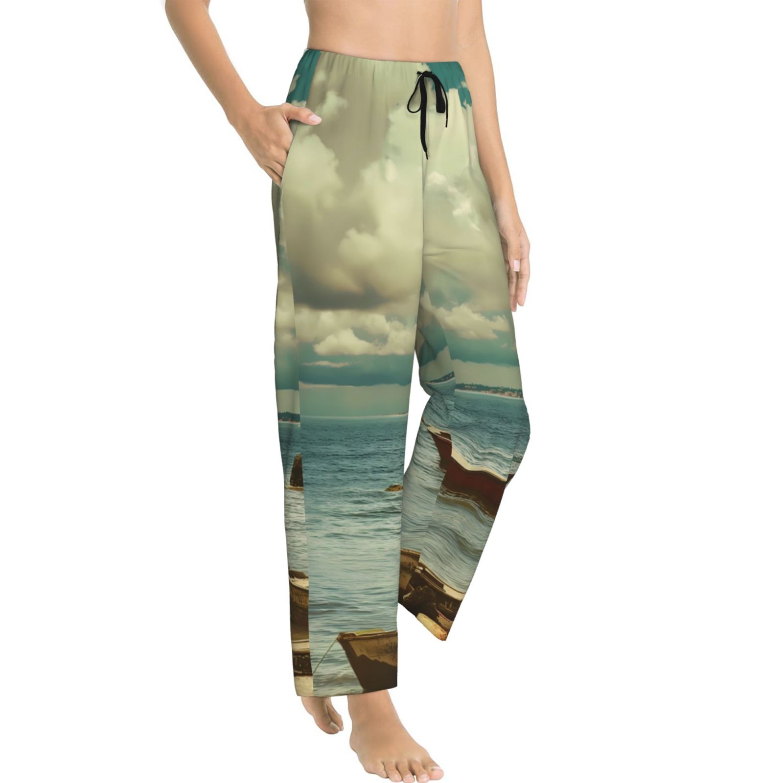 Goofa Serene Coastal Blue Sky Printed Soft Pajama Pants for Women, Wide ...