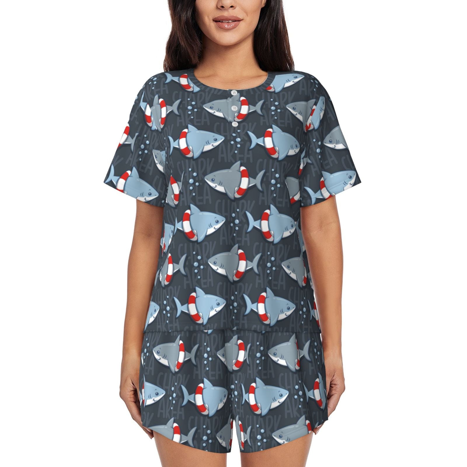 Goofa Shark Wearing Swim Ring for Womens Cotton 2 Piece Pajamas Set ...