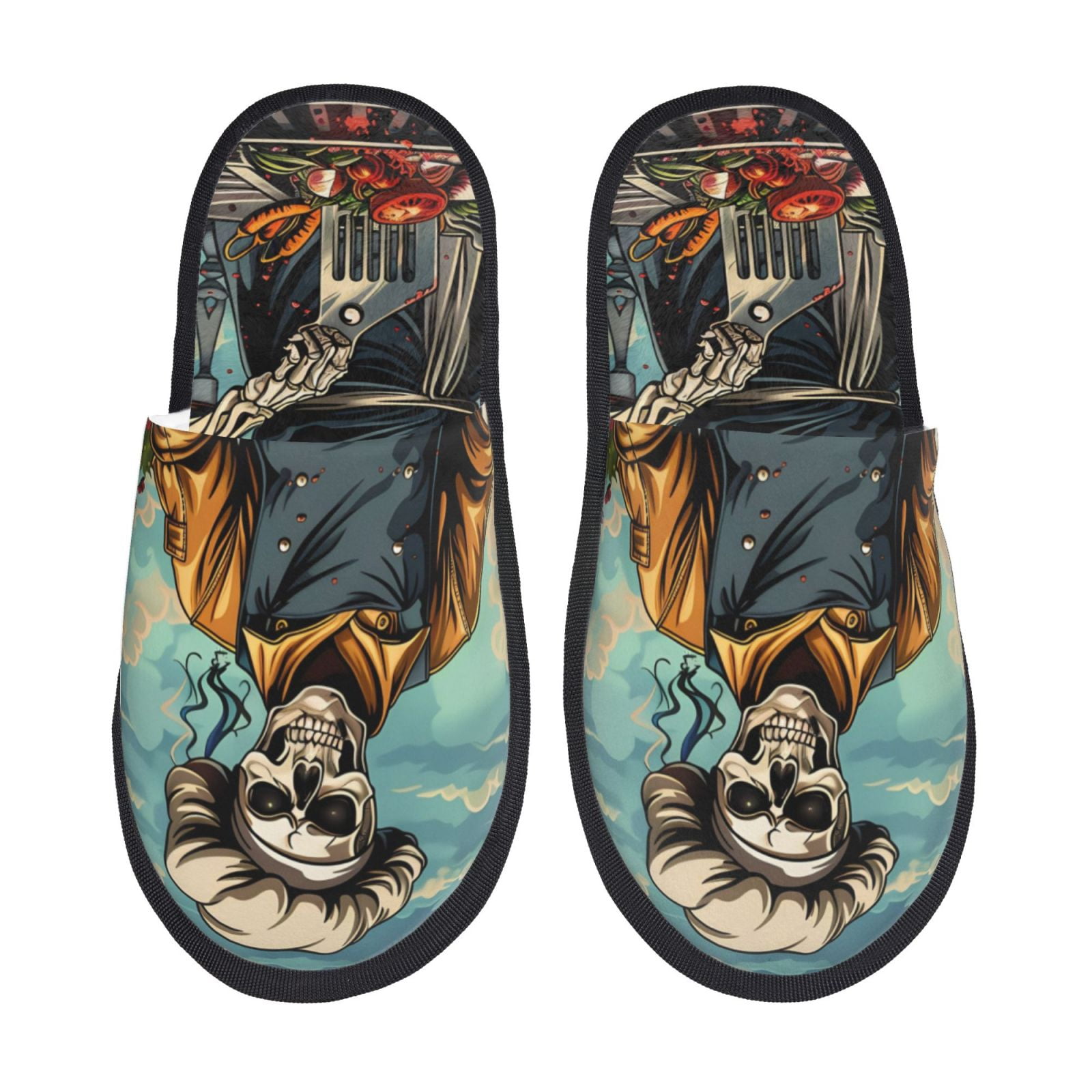 Goofa Skeleton Chef BBQ Scene Pattern Plush Furry Slippers for Men & Women, Cozy Indoor House ...