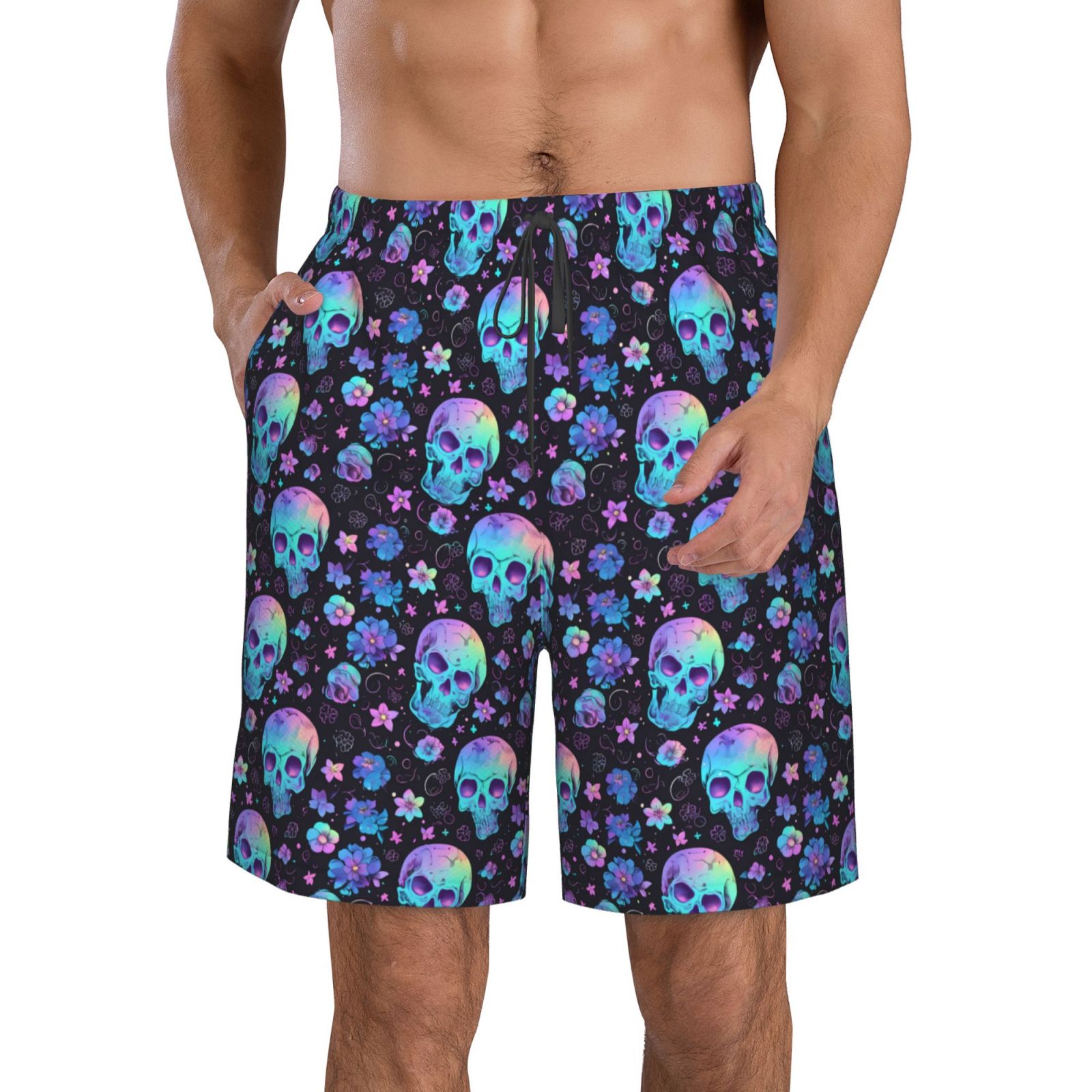 Goofa Skull Flower Blue Printed Mens Swim Trunks Summer Quick Dry Short ...