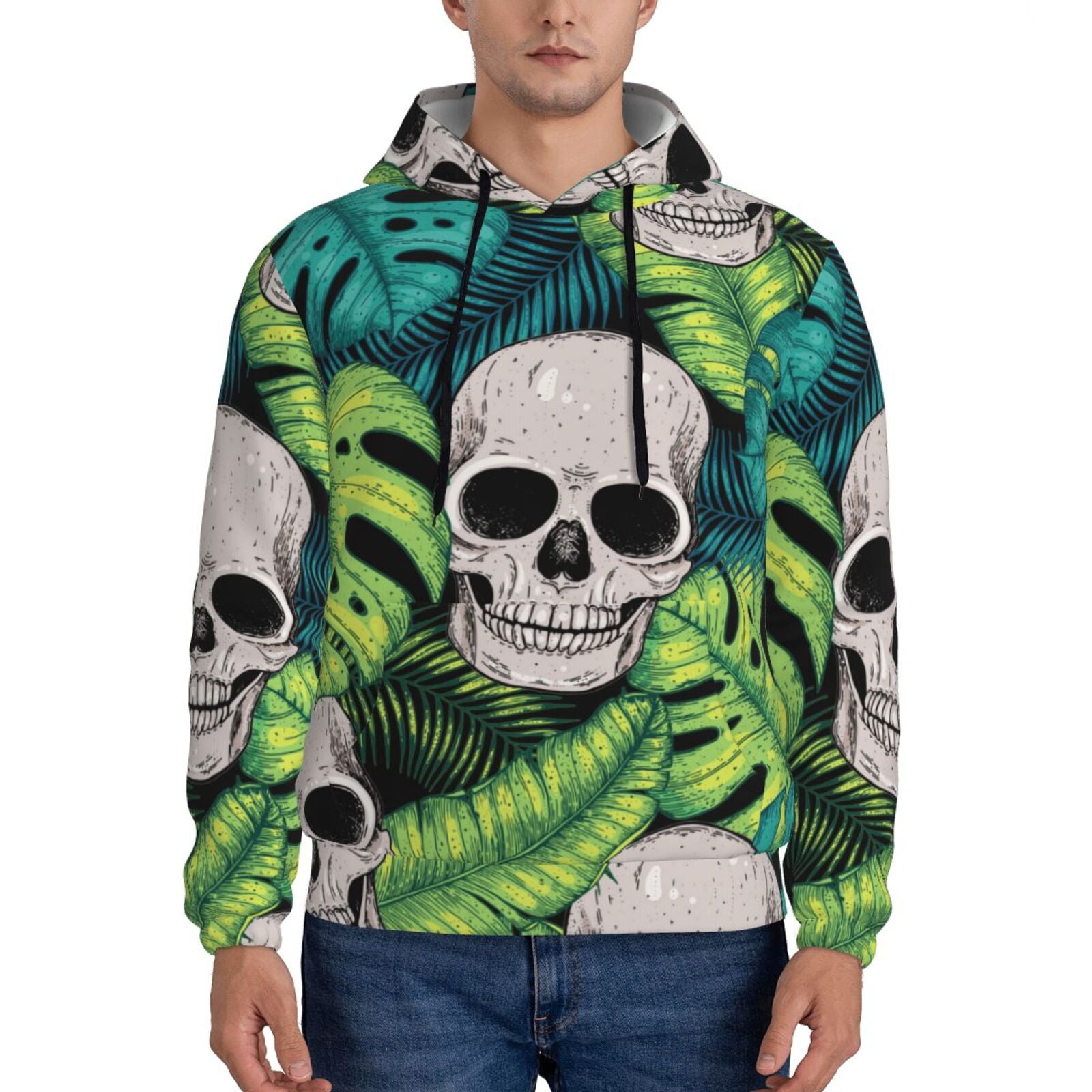 Goofa Skull and Palm Leaves for Men's Hooded Sweatshirt - Lightweight ...