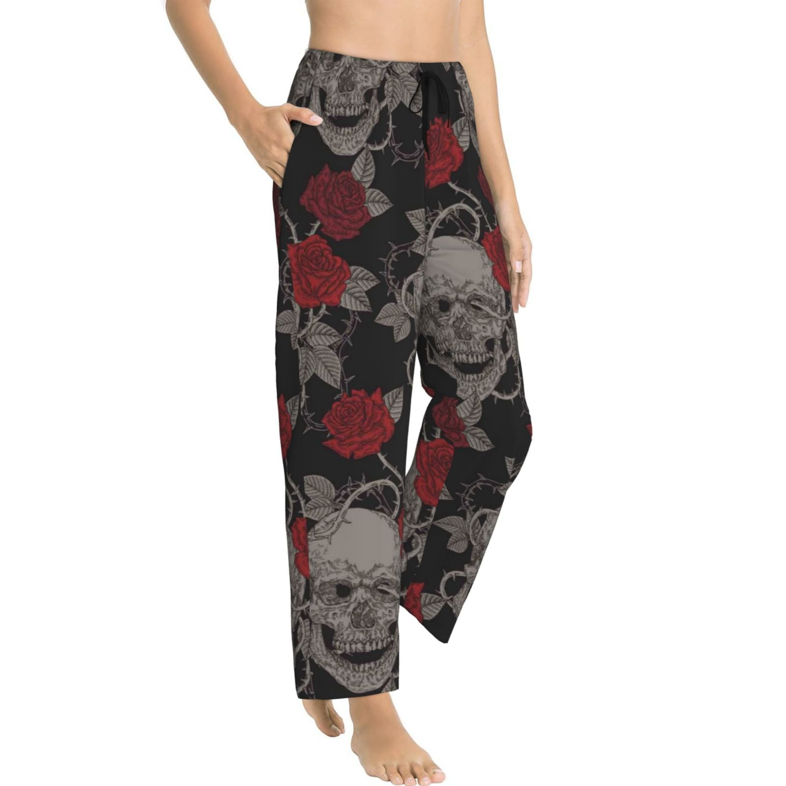 Goofa Skull and Red Roses Printed Soft Pajama Pants for Women, Wide Leg ...