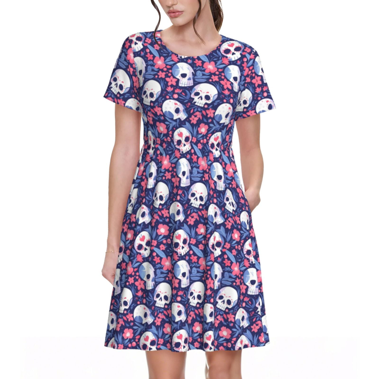 Goofa Skull cartoon flower Pattern Women Summer Short Sleeve Midi Dress ...