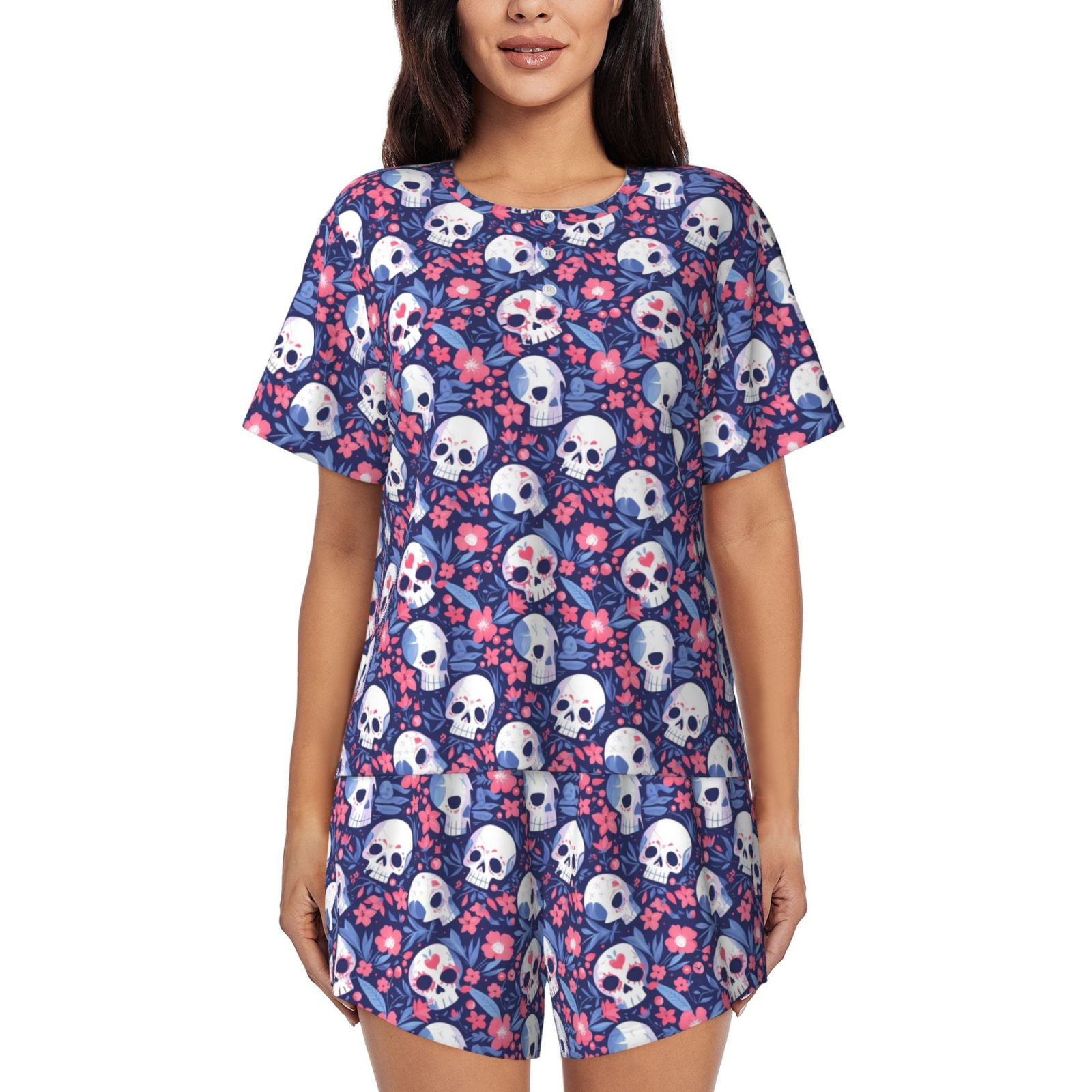 Goofa Skull cartoon flower for Womens Cotton 2 Piece Pajamas Set ...