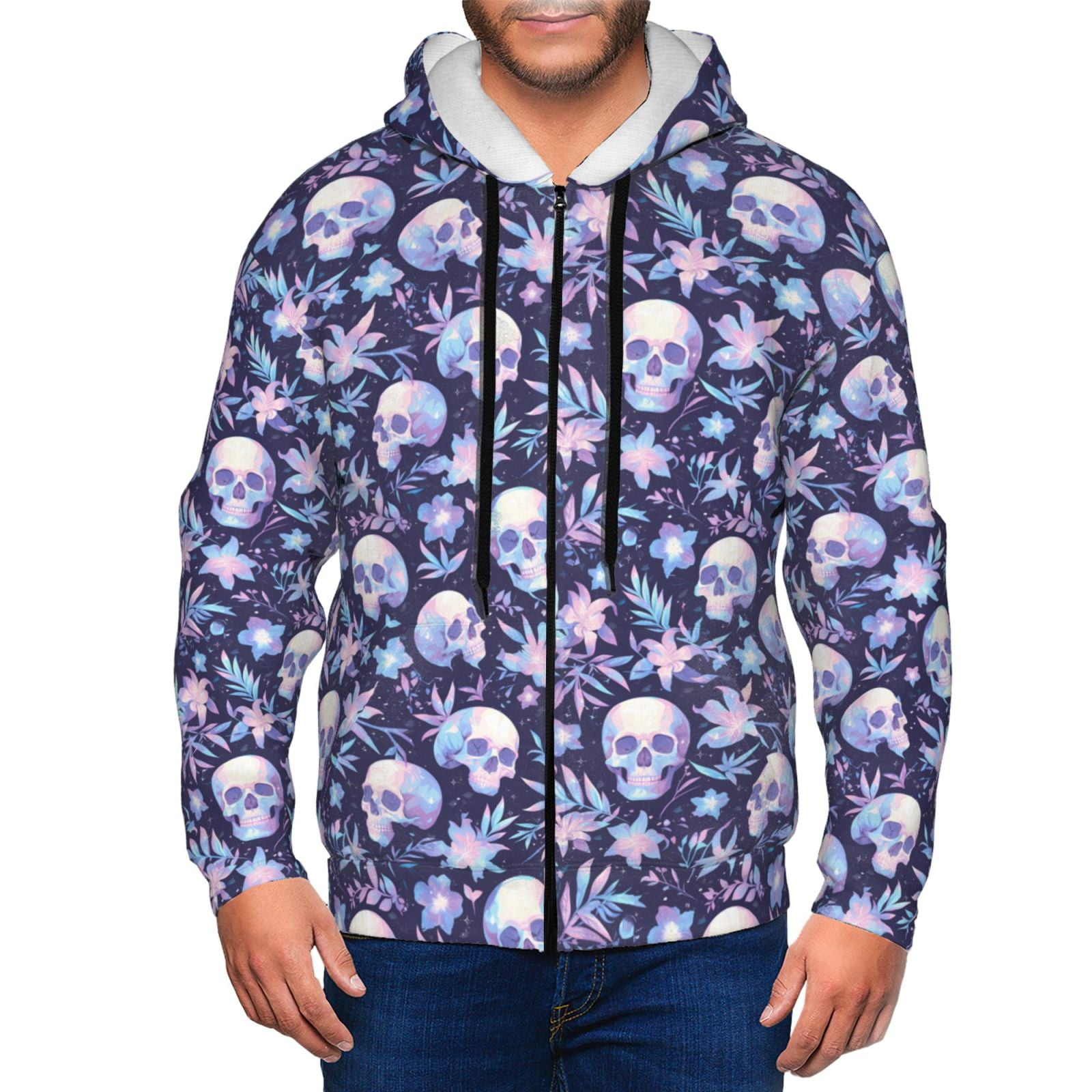Goofa Skull flower white blue Pattern Mens Full-zip Hoodie, Zip-up ...