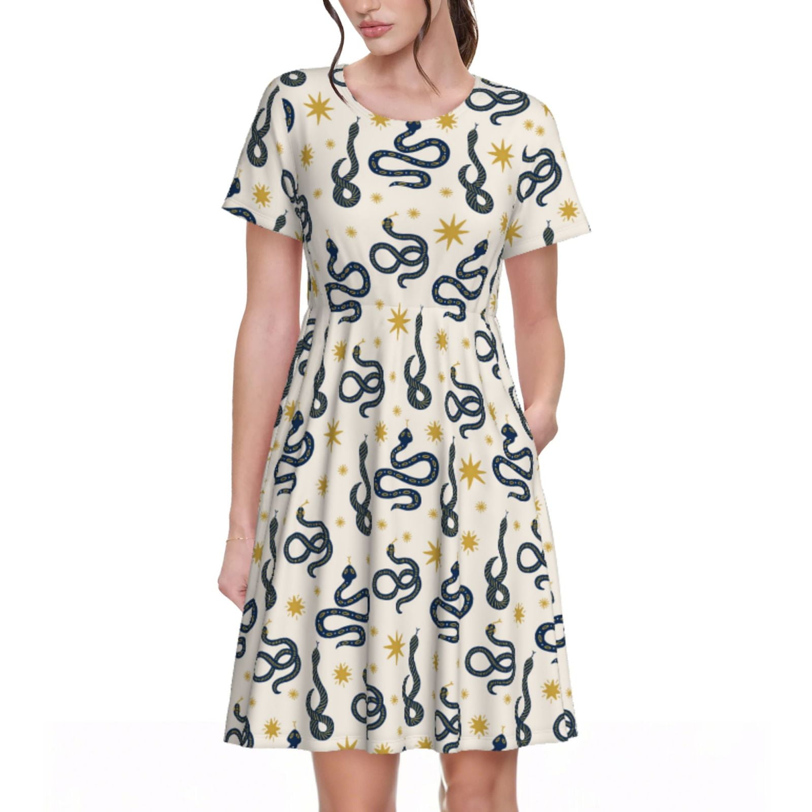 Goofa Snake Pattern Women Summer Short Sleeve Midi Dress with Pockets ...