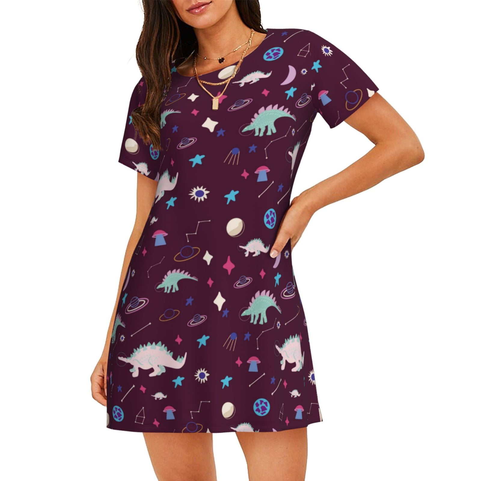 Goofa Space Dinosaur Print Women’s Cotton Nightdress – Short-Sleeved ...