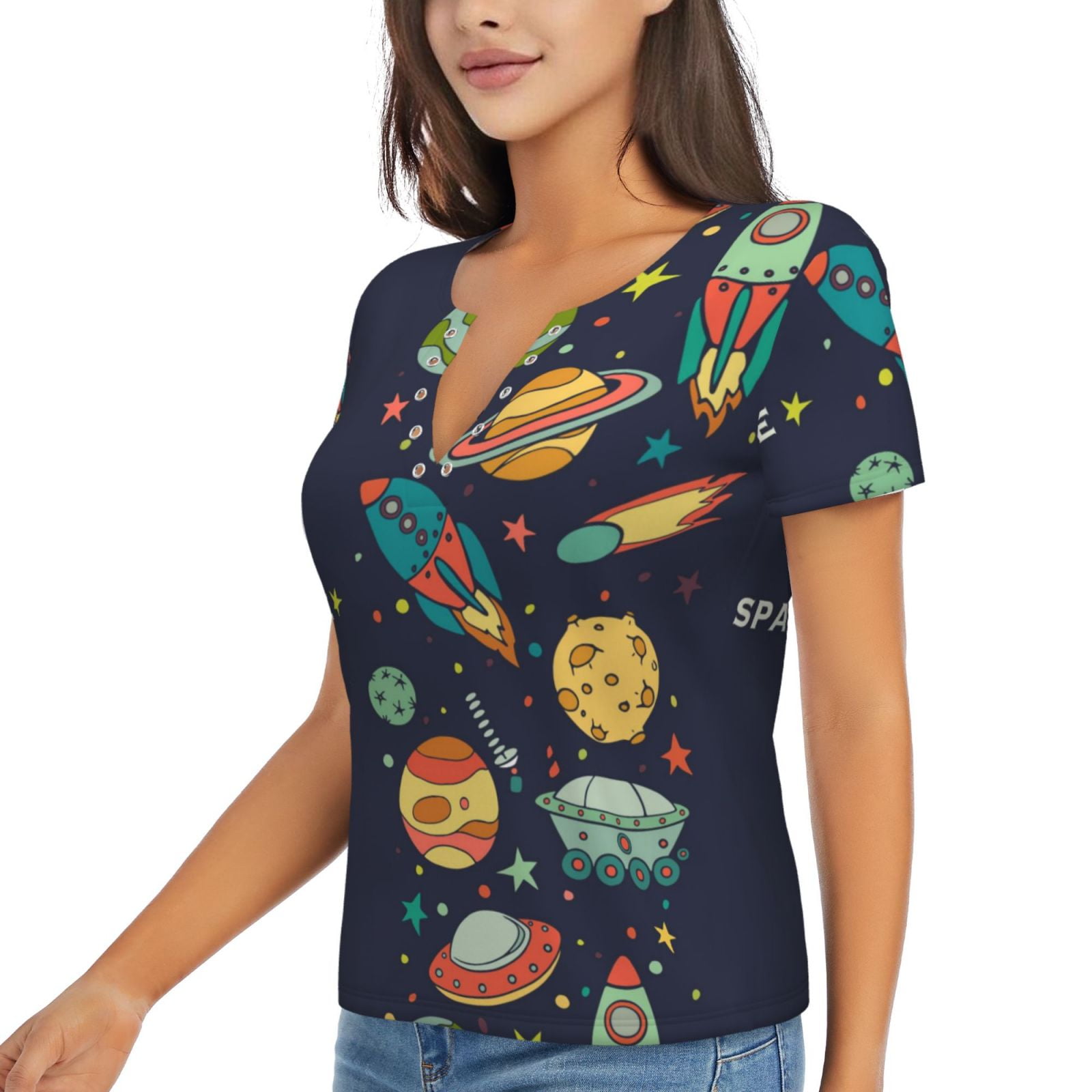 Goofa Space Pattern Womens Deep V Neck Low Cut Tops Casual Summer Short ...