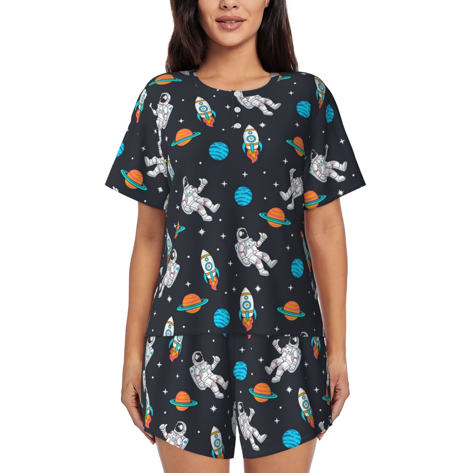 Goofa Space for Womens Cotton 2 Piece Pajamas Set Classic Short Sleeve ...