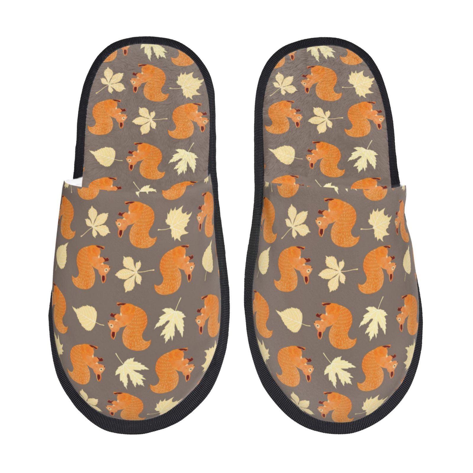 Goofa Squirrel And Maple Leaves Pattern Plush Furry Slippers for Men ...