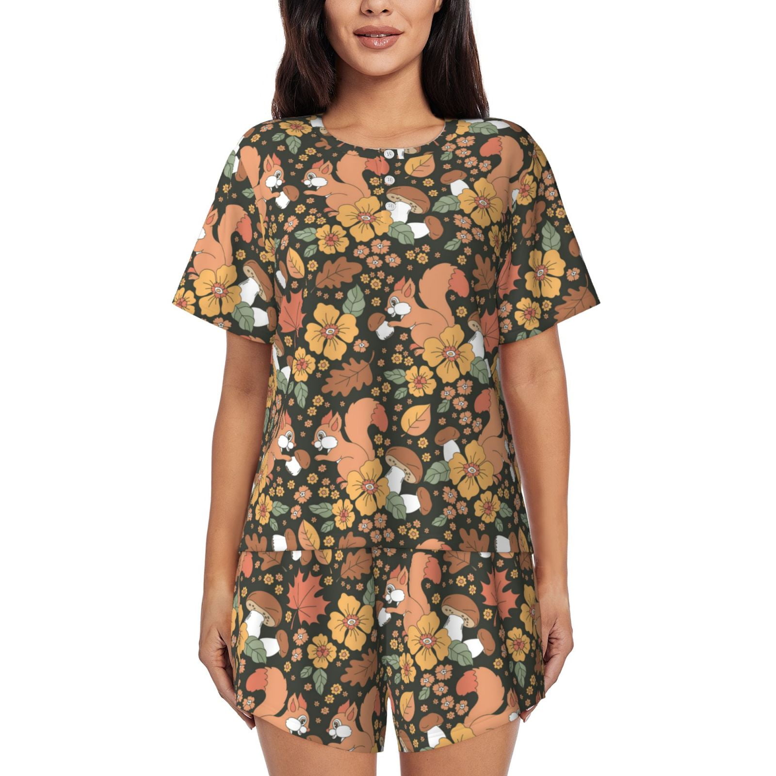 Goofa Squirrel Mushroom Yellow Flower for Womens Cotton 2 Piece Pajamas ...