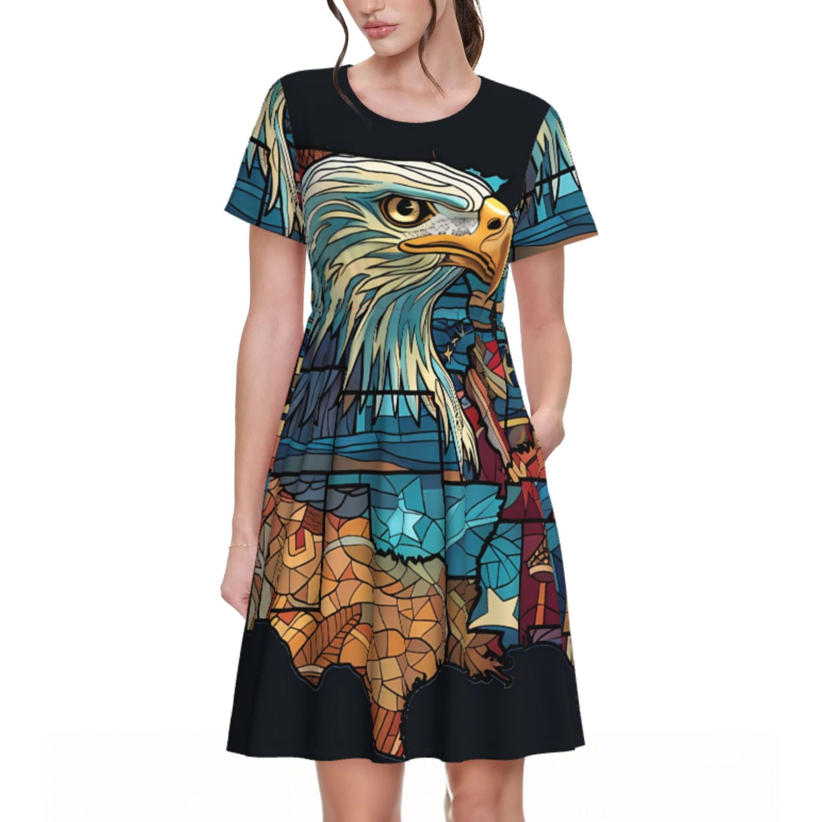 Goofa Stained Glass Eagle USA Pattern Women Summer Short Sleeve Midi ...