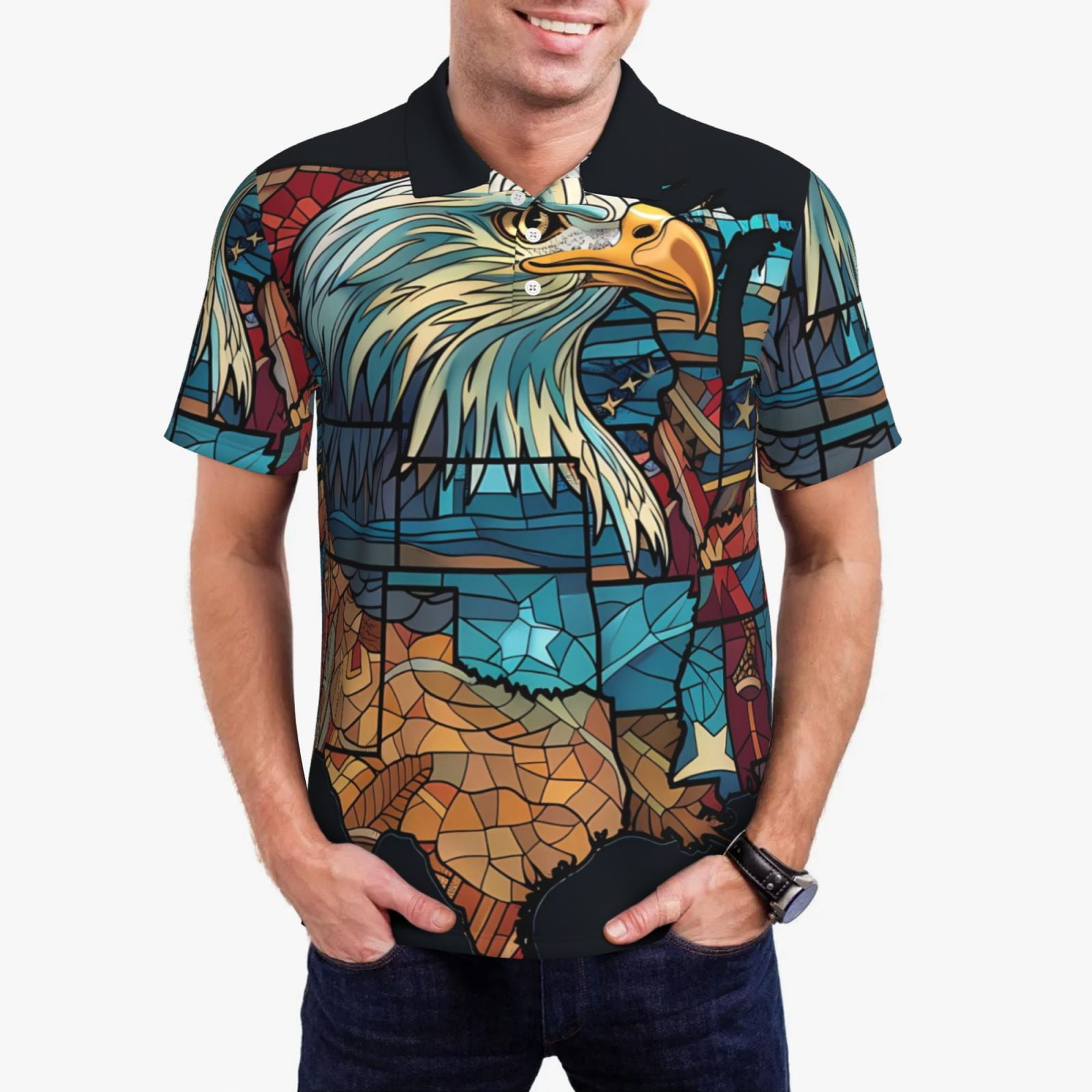 Goofa Stained Glass Eagle USA Print Mens Polo Shirts Quick Dry Short ...