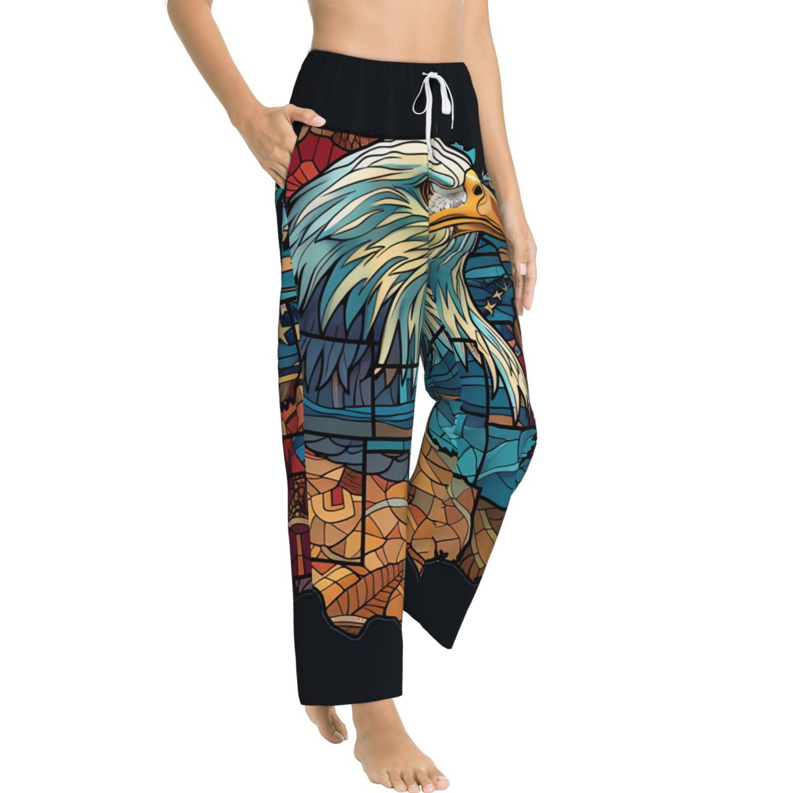 Goofa Stained Glass Eagle USA Printed Soft Pajama Pants for Women, Wide ...