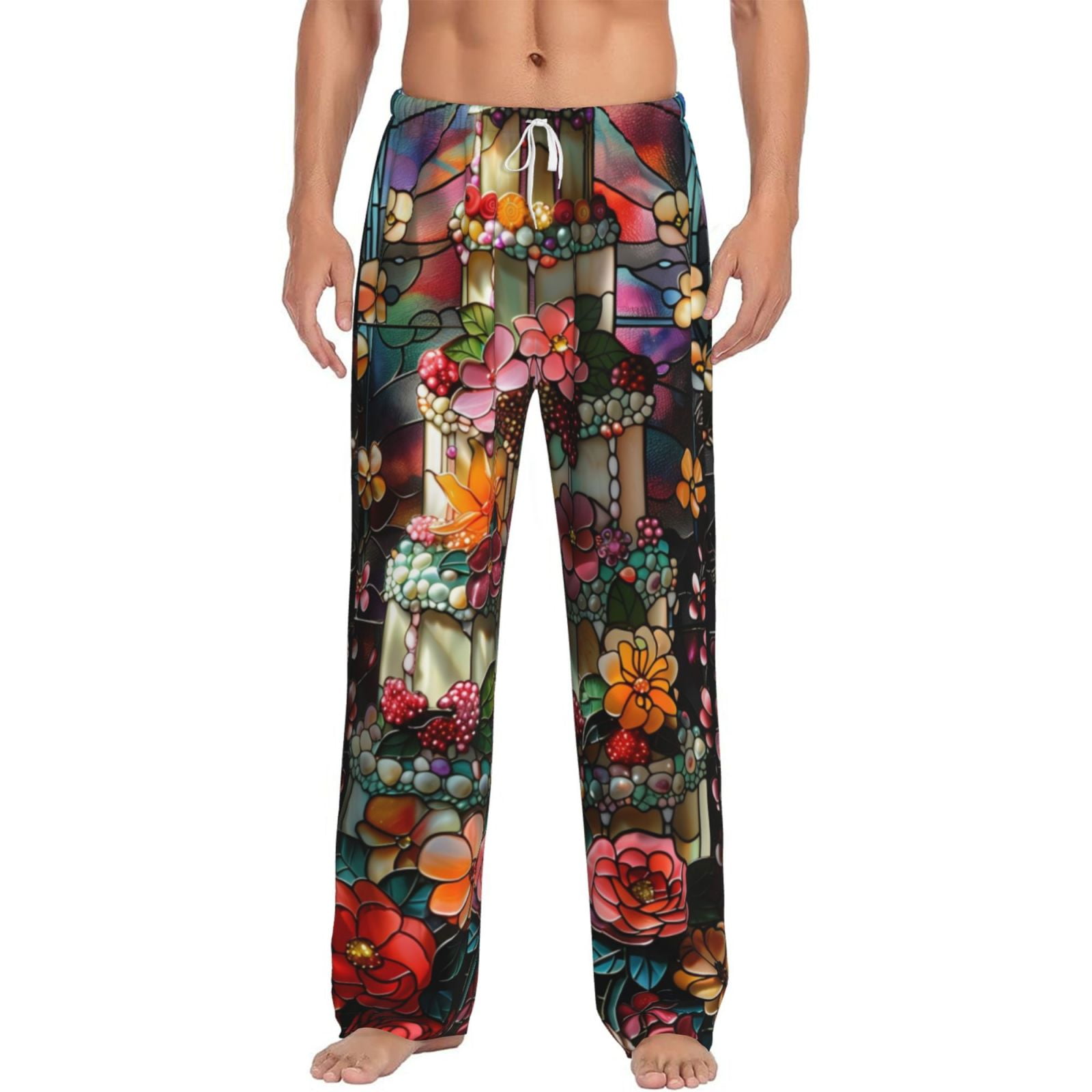 Goofa Stained Glass Floral Cake Pattern Printed Soft Pajama Pants for ...