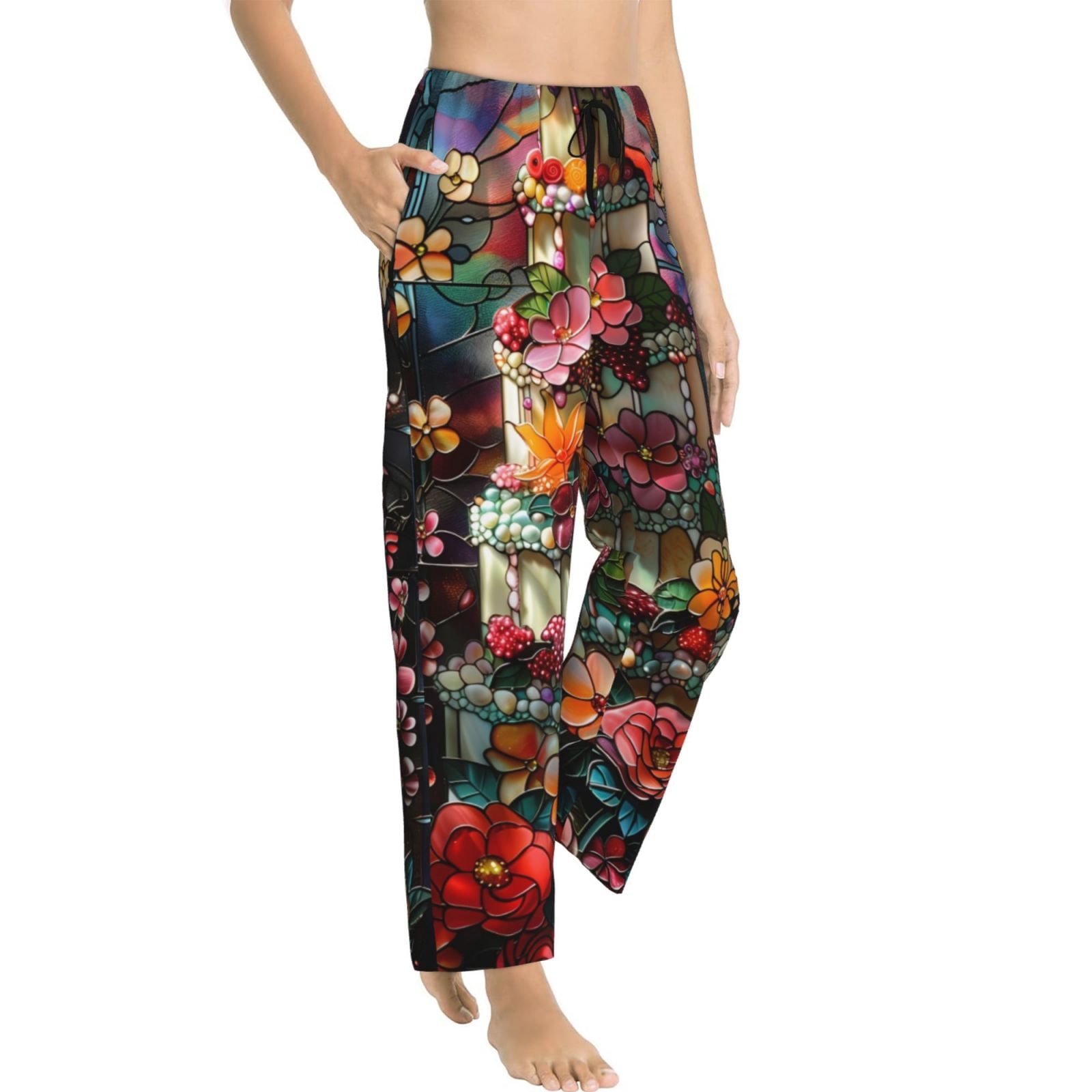 Goofa Stained Glass Floral Cake Printed Soft Pajama Pants for Women ...