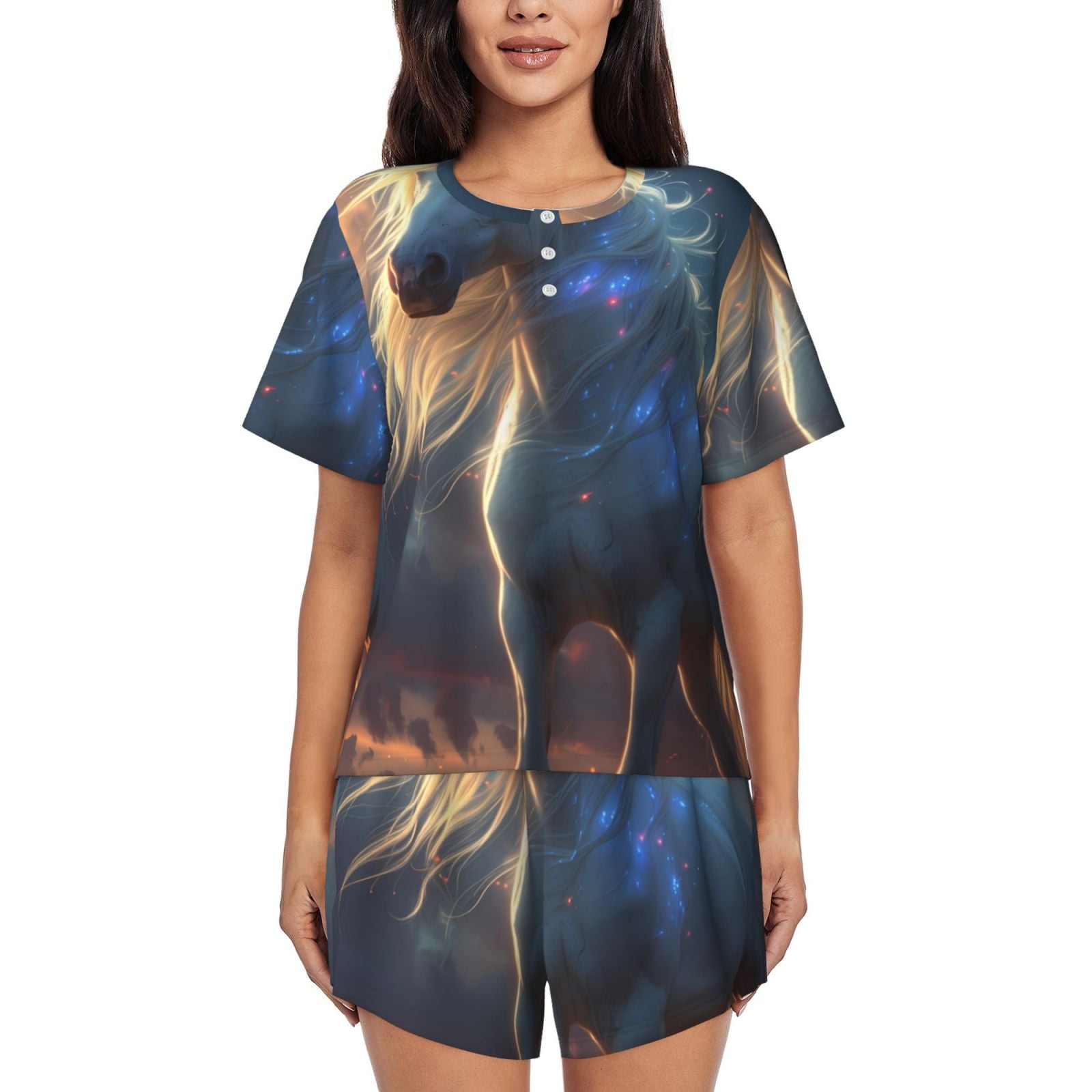 Goofa Starry Light White Horse for Womens Cotton 2 Piece Pajamas Set ...