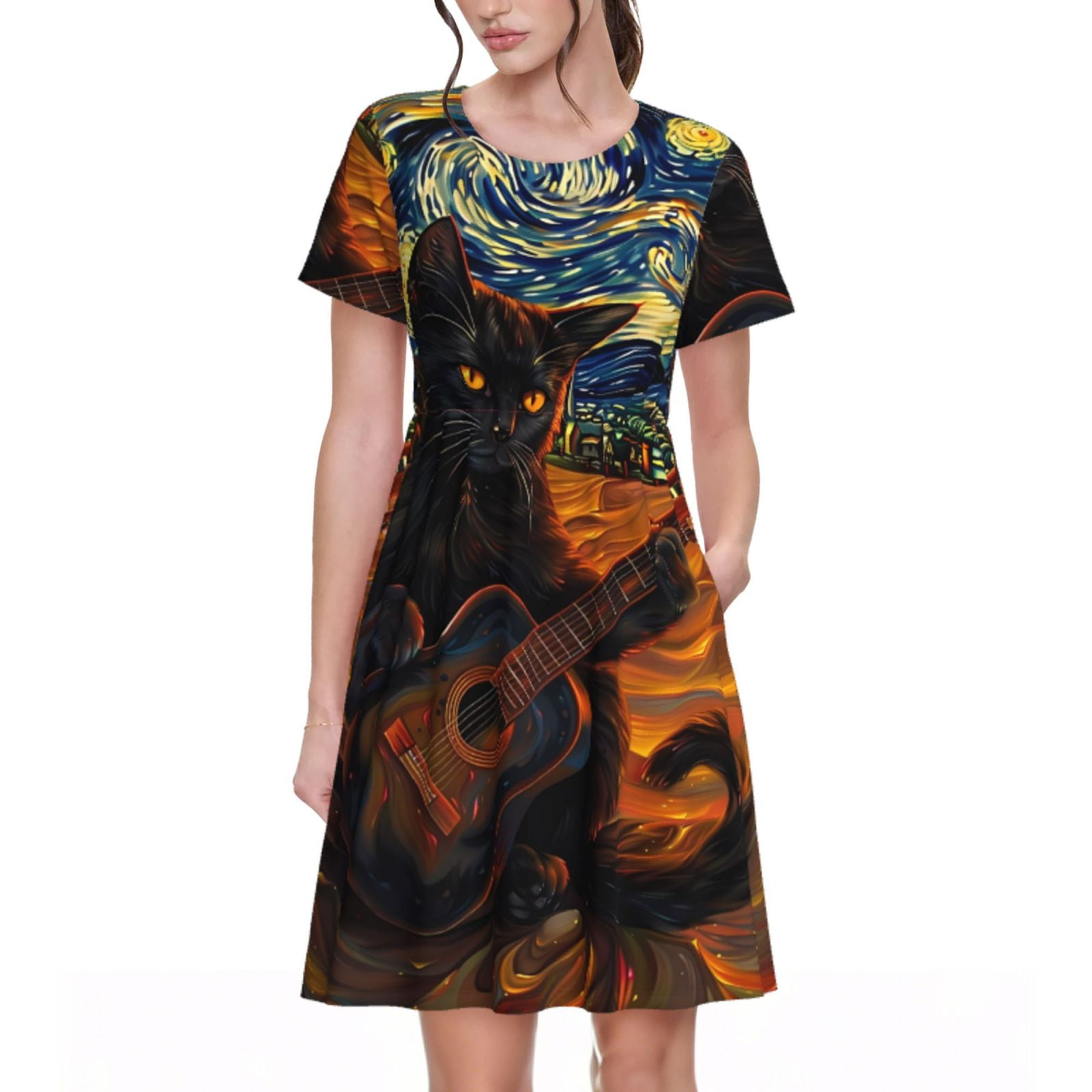 Goofa Starry Night Cat Guitarist A Pattern Women Summer Short Sleeve ...