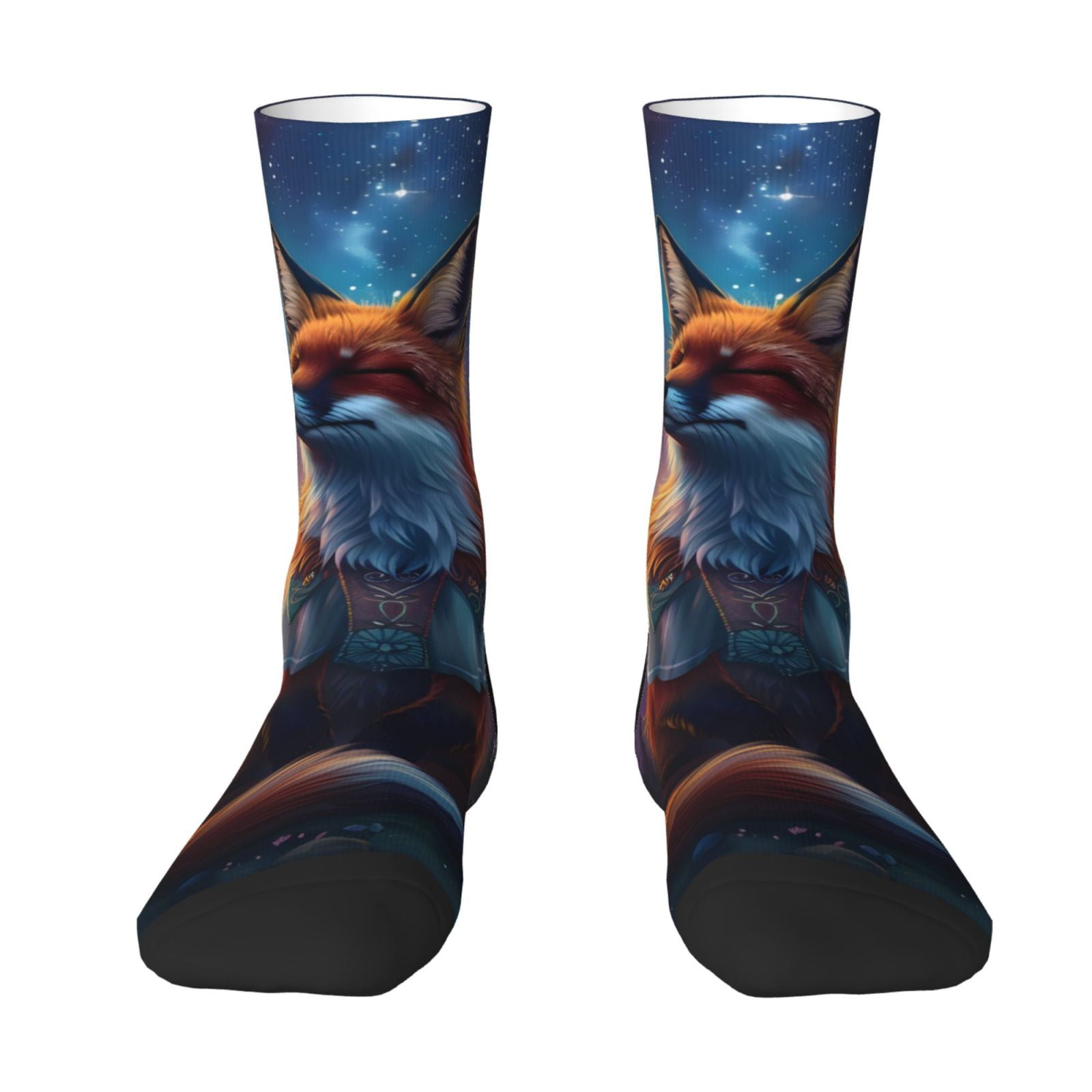 Goofa Starry Sky Meditating Fox Printed Men's Crew Socks, Soft Durable Breathable Moisture ...