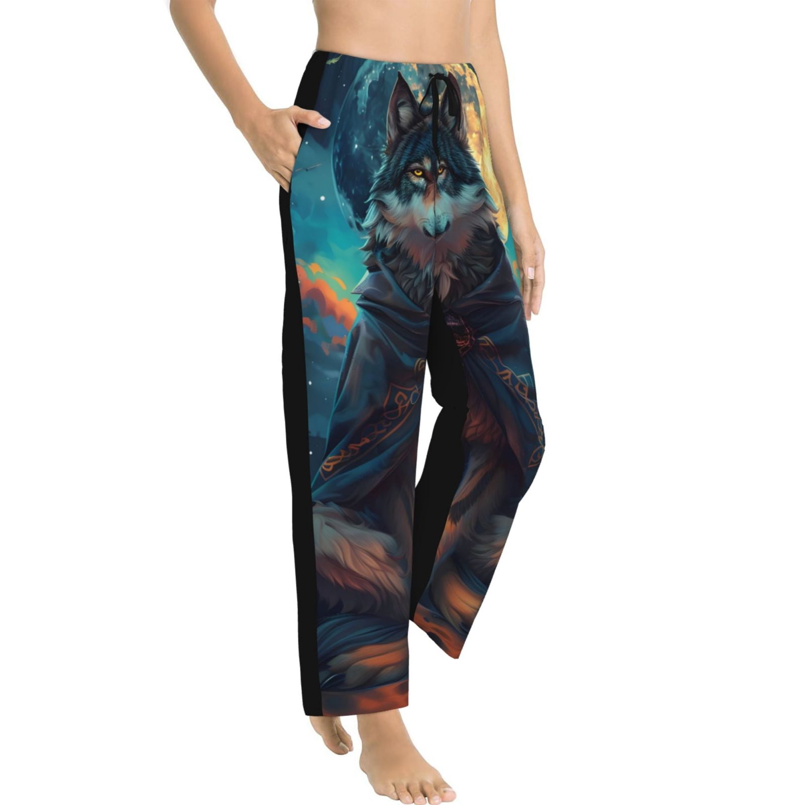 Goofa Starry Sky Moon Wolf Leader Printed Soft Pajama Pants for Women ...