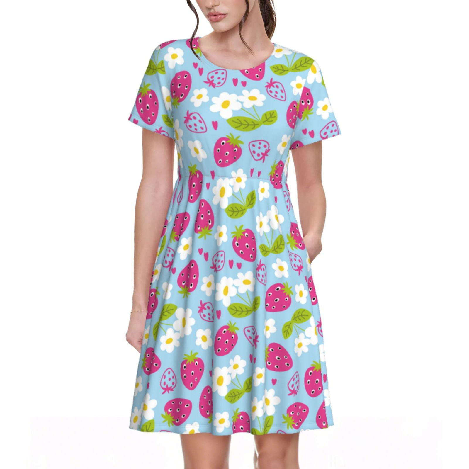 Goofa Strawberry And Flowers Pattern Women Summer Short Sleeve Midi ...
