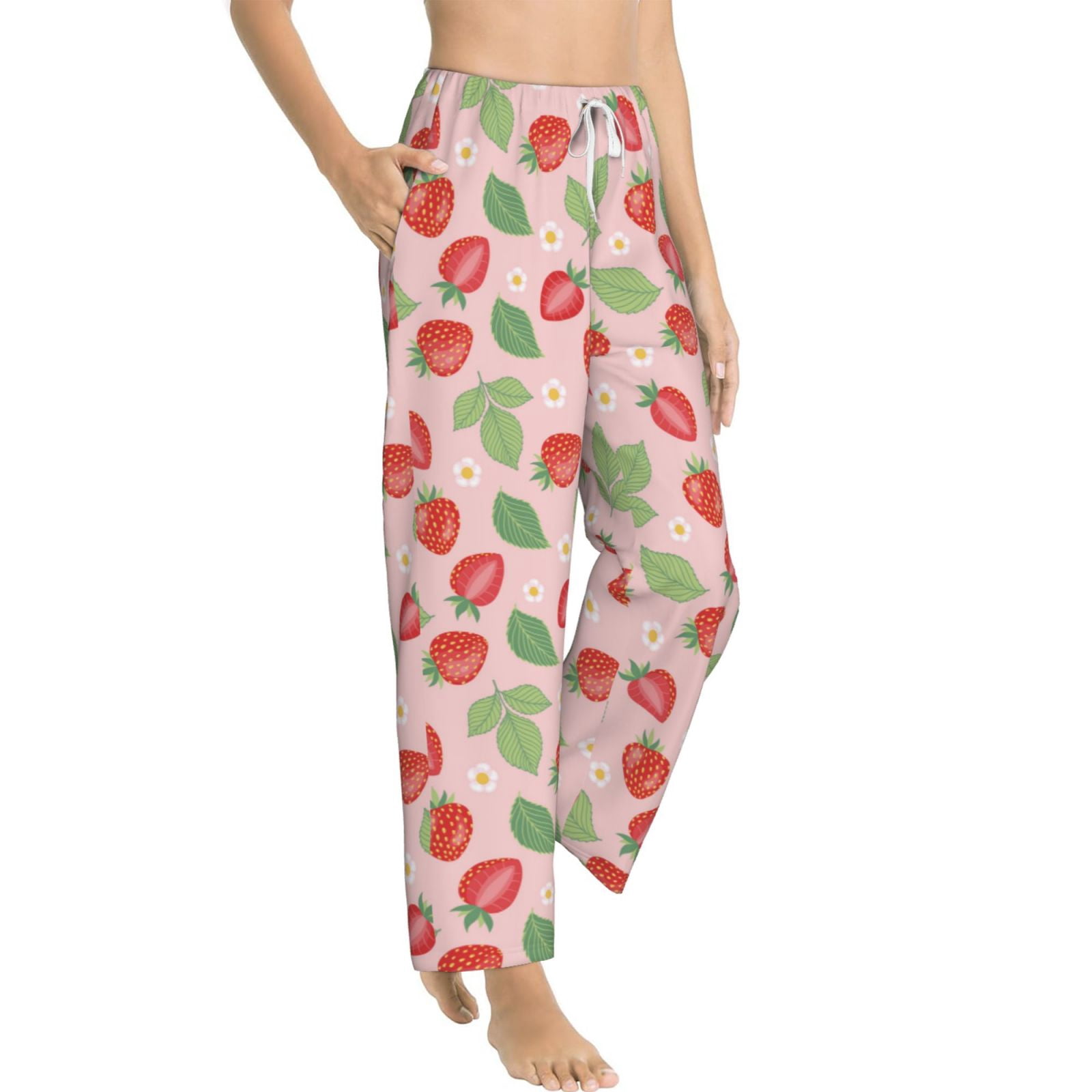 Goofa Strawberry Floral Printed Soft Pajama Pants for Women, Wide Leg ...