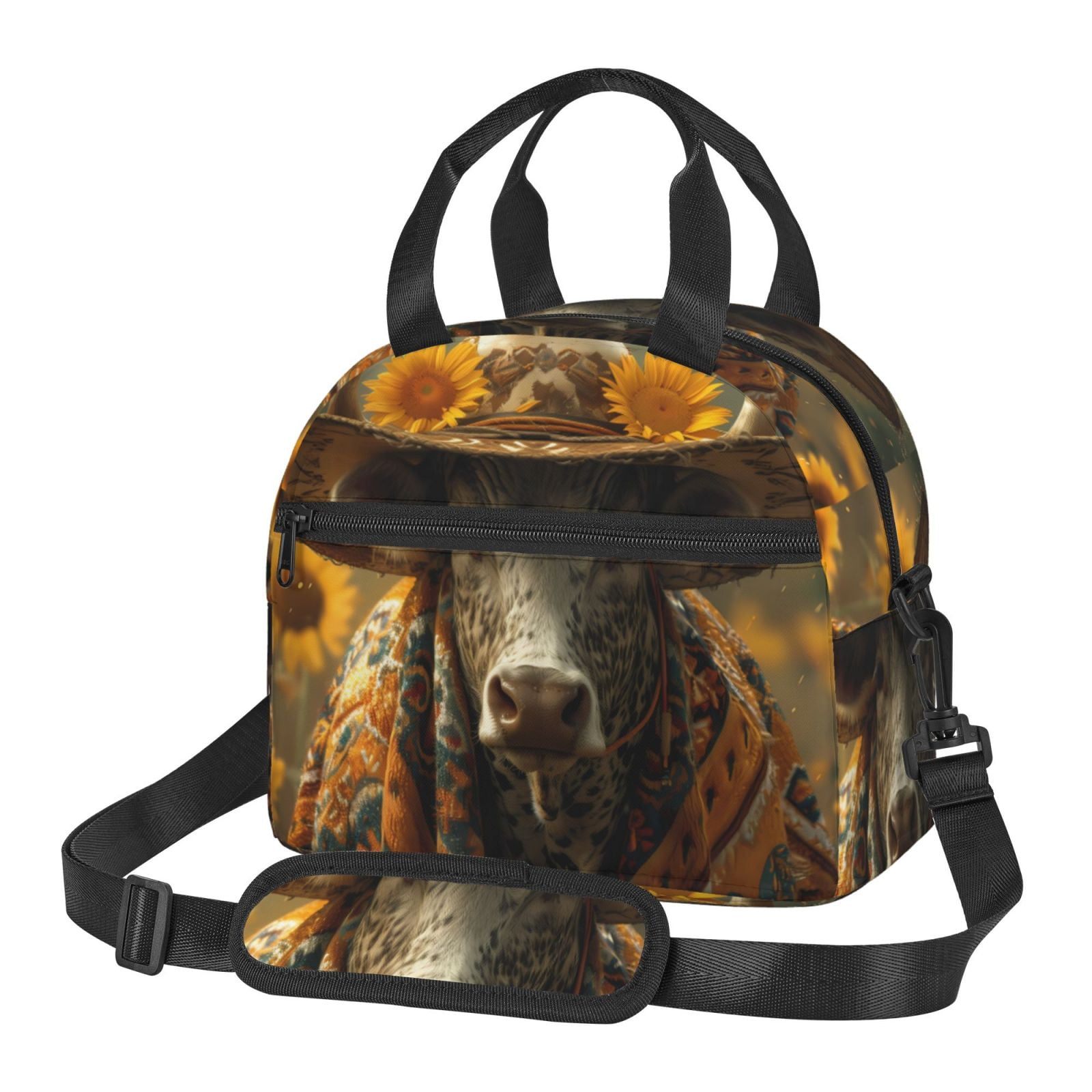 Goofa Sunflower Cowboy Hat Cow Pattern Lunch Bag ,Insulated Lunch Box ...