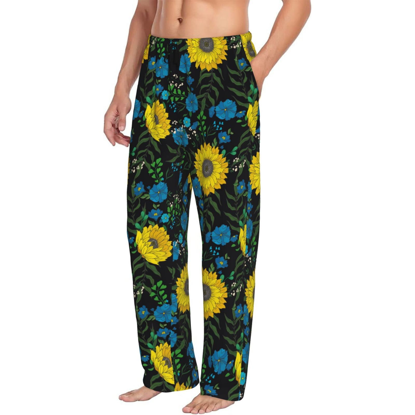 Goofa Sunflowers And Blue Flower Printed Soft Pajama Pants for Men ...