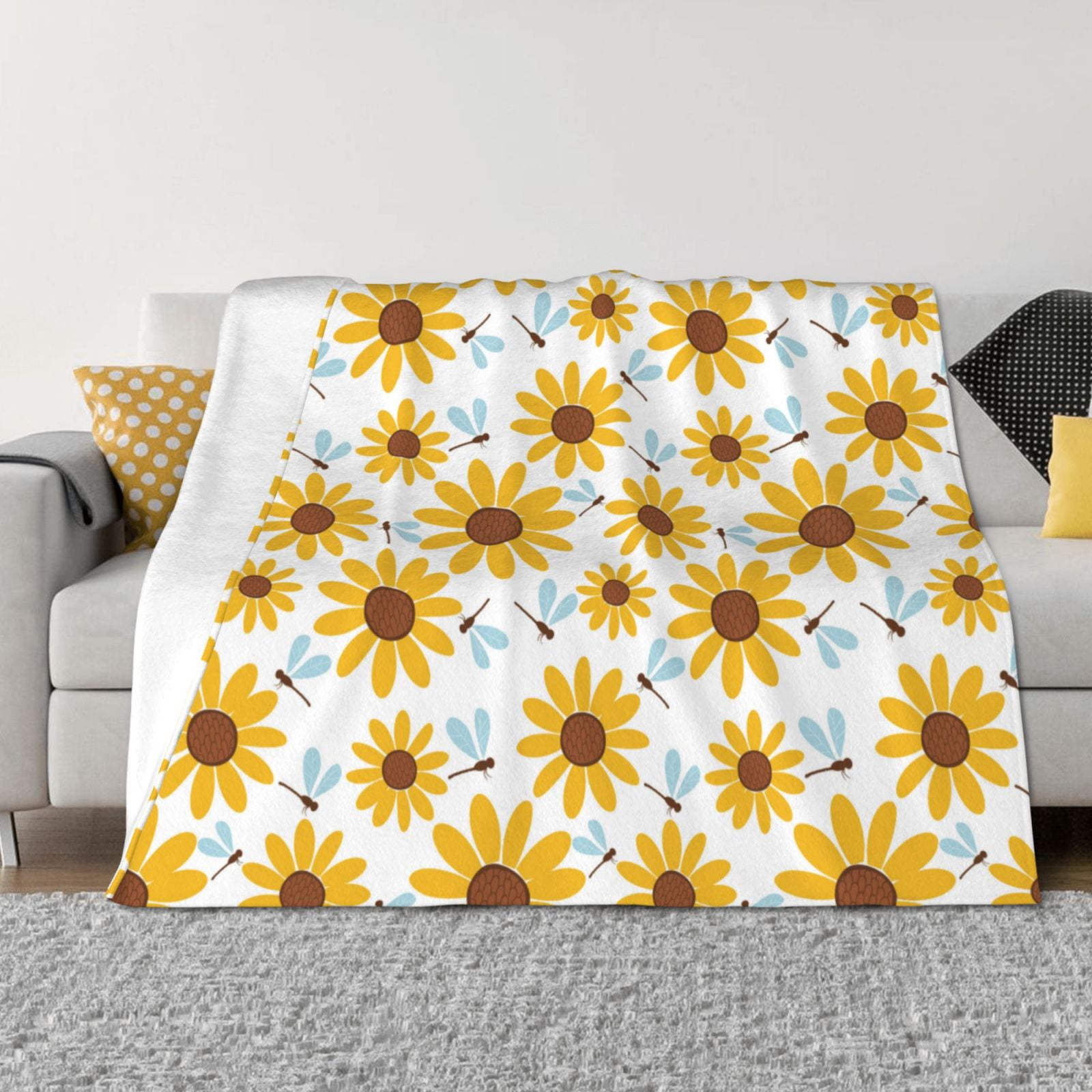 Goofa Sunflowers Pattern Fleece Throw Blanket for Couch, Soft Checkered ...