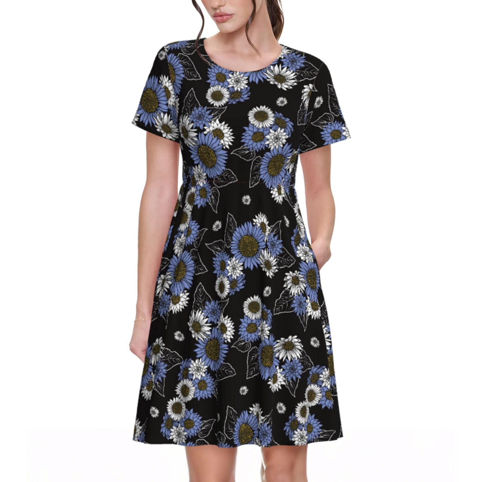 Goofa Sunflowers Pattern Women Summer Short Sleeve Midi Dress with ...
