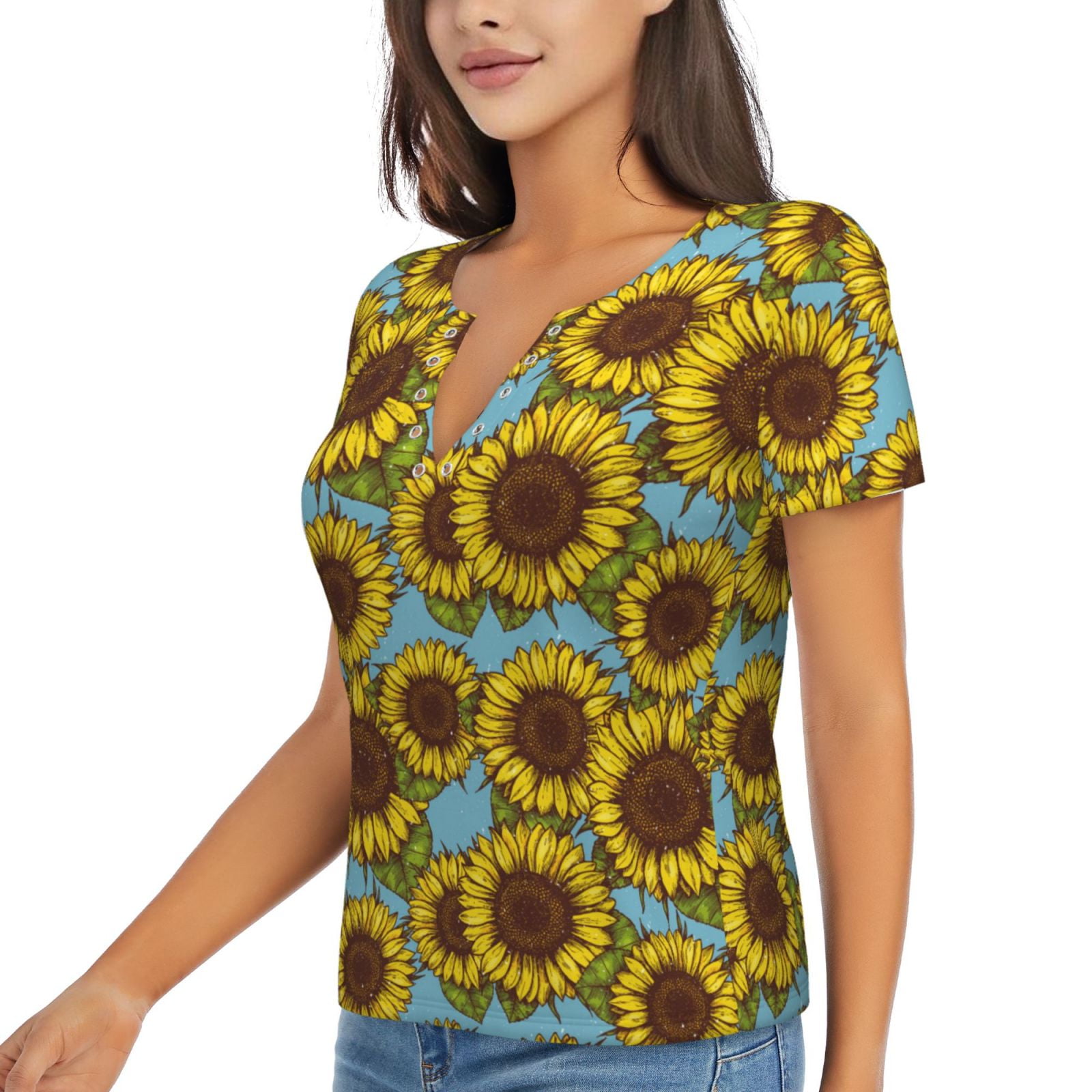 Goofa Sunflowers Pattern Womens Deep V Neck Low Cut Tops Casual Summer ...