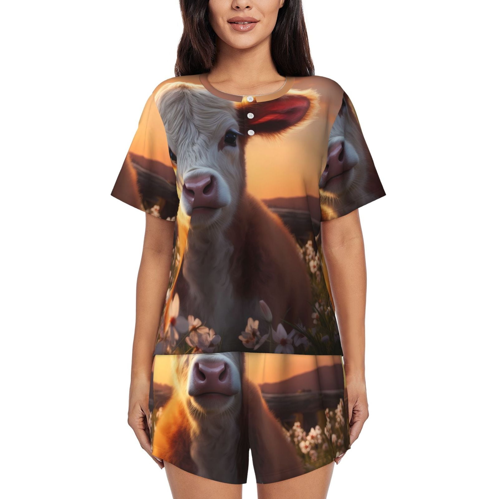 Goofa Sunset Calf Flower Field for Womens Cotton 2 Piece Pajamas Set ...