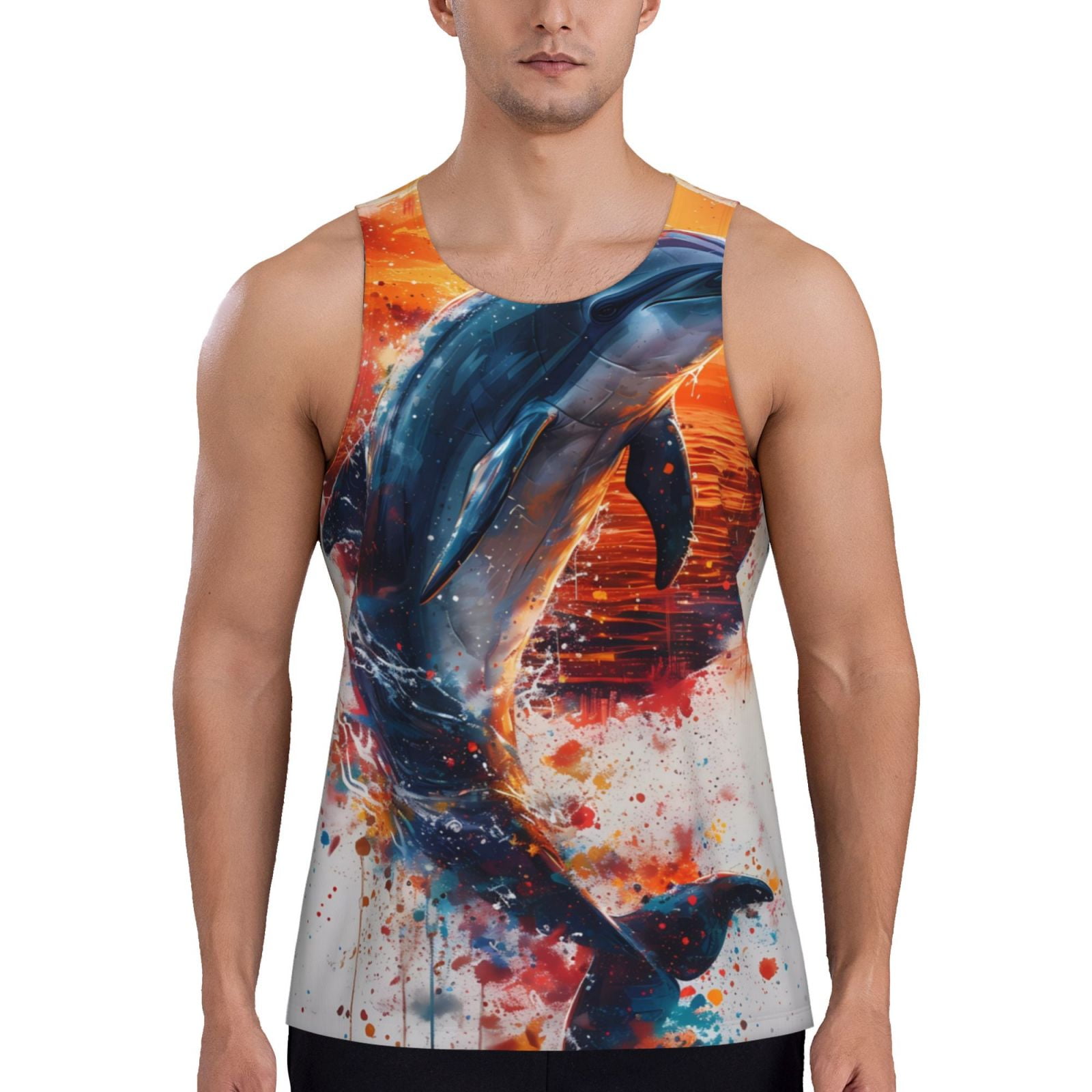 Goofa Sunset Ocean Watercolor Dolphin Pattern Men's Workout Tank Top ...