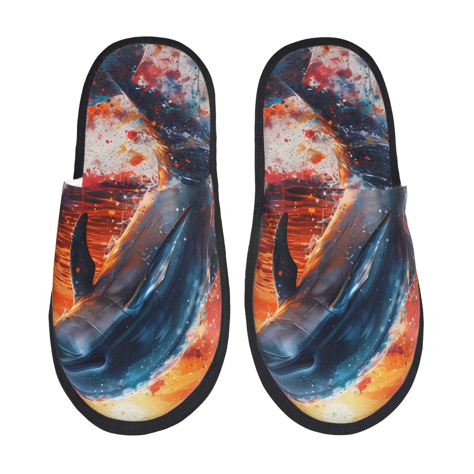 Goofa Sunset Ocean Watercolor Dolphin Pattern Plush Furry Slippers for ...