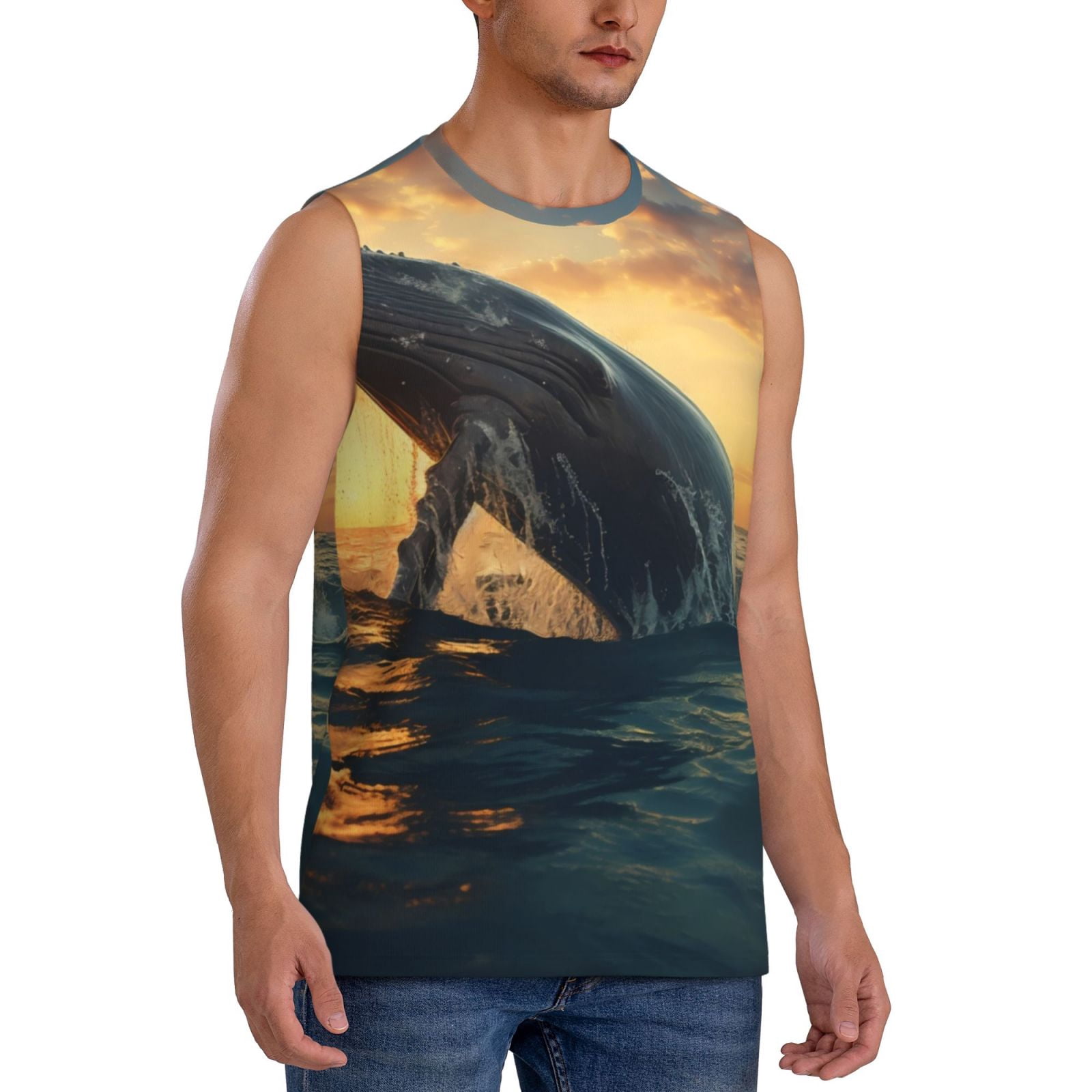 Goofa Sunset Ocean Whale Printed Men's Sleeveless T-Shirt - Athletic ...