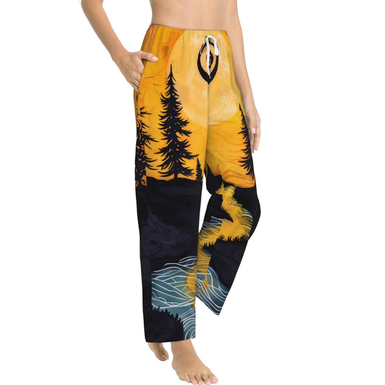 Goofa Sunset River Pine Trees Printed Soft Pajama Pants for Women, Wide ...