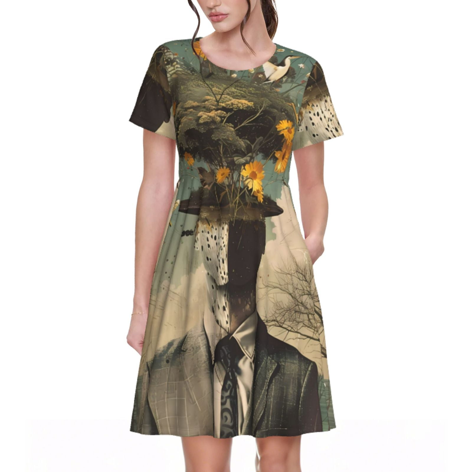 Goofa Surreal Floral Mindscape Pattern Women Summer Short Sleeve Midi ...