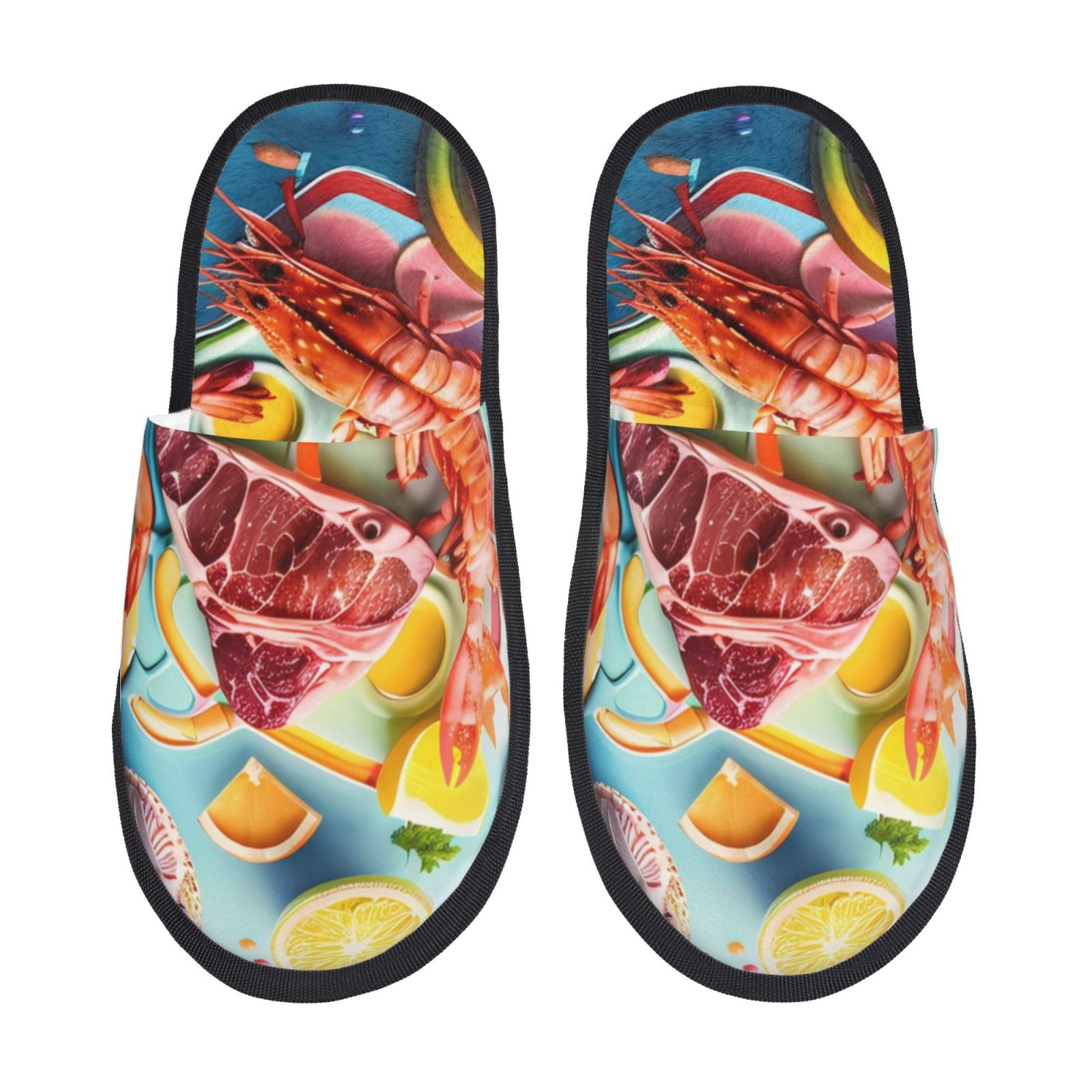 Goofa Surreal Seafood Extravaganza Pattern Plush Furry Slippers for Men ...