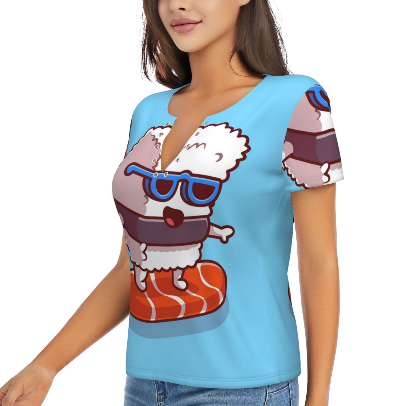 Goofa Sushi Salmon Surfing Pattern Womens Deep V Neck Low Cut Tops ...