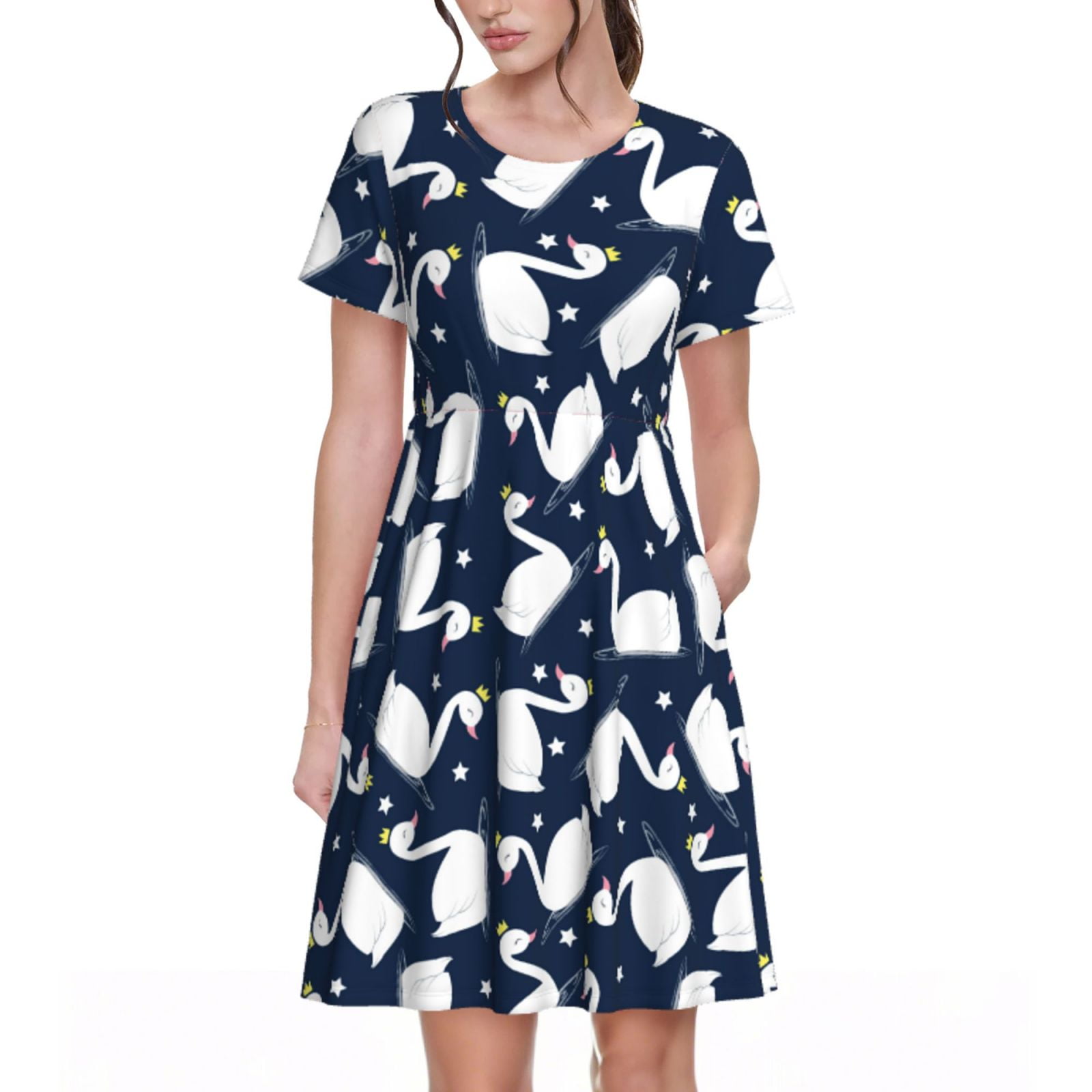 Goofa Swan Pattern Women Summer Short Sleeve Midi Dress with Pockets ...