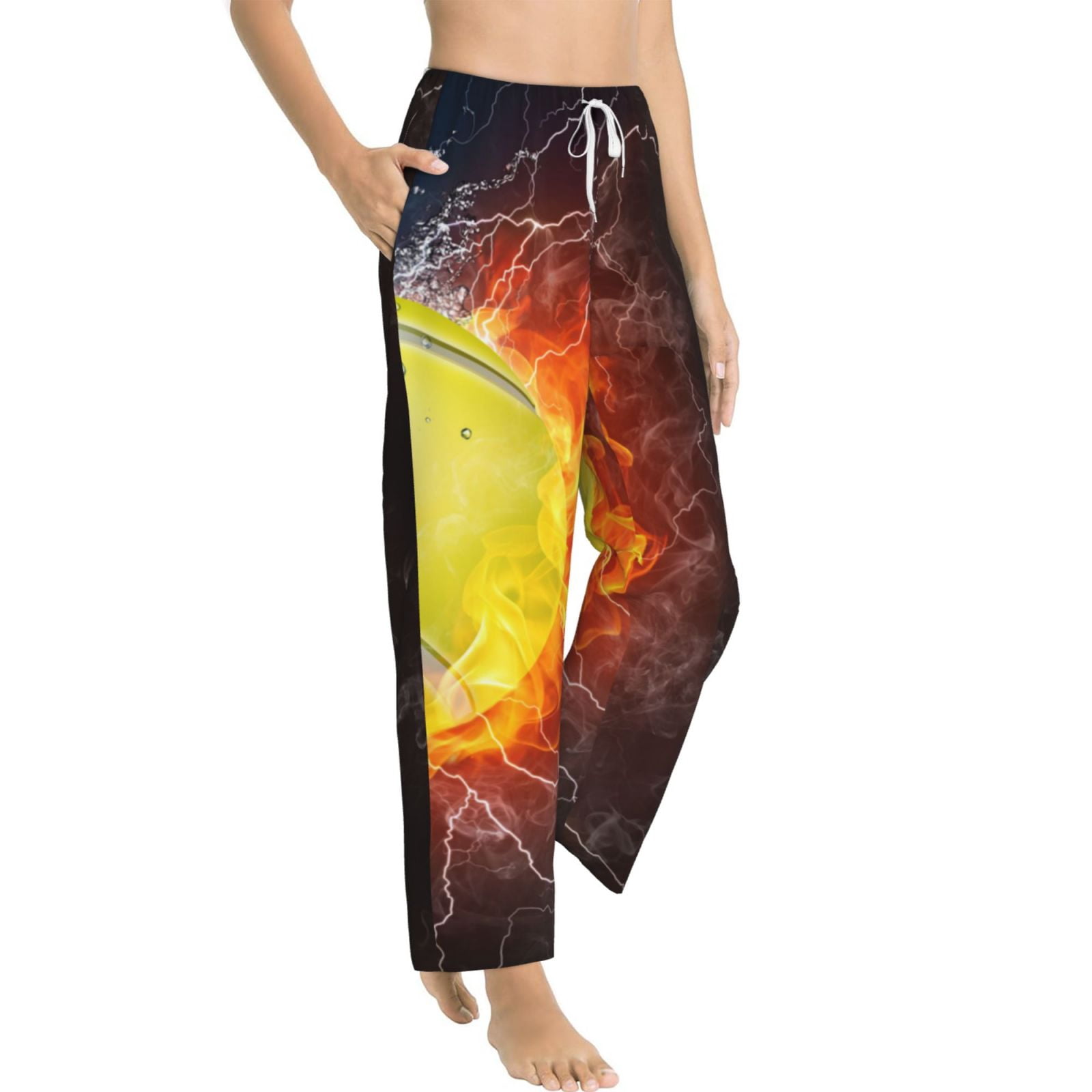 Goofa Tennis Ball On Fire And Water Printed Soft Pajama Pants for Women ...
